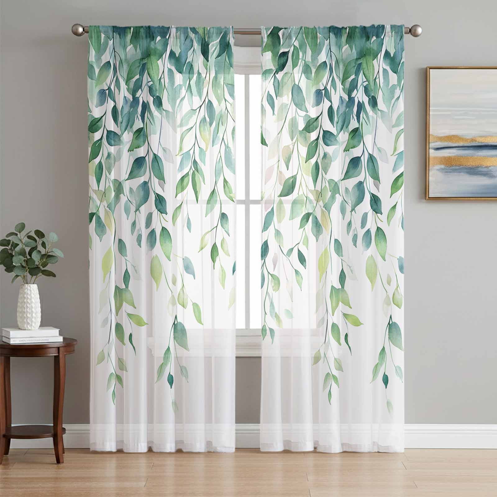 Eucalyptus Leaves Sheer Curtains 72 Inch Length 2 Panels Set, Seasonal ...