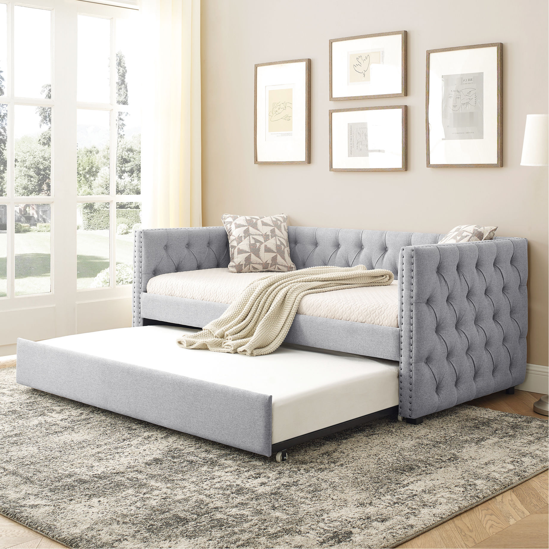 Eucalyptus wood twin daybed with trundle and linen upholstery for a ...