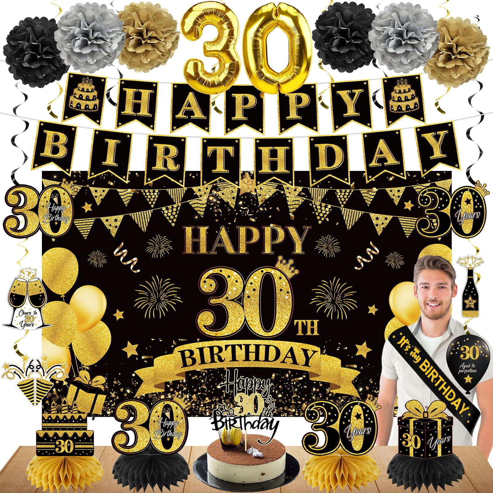Eucutur 42PCS 30th Birthday RRF12 Decoration Kit for Black Gold Happy ...