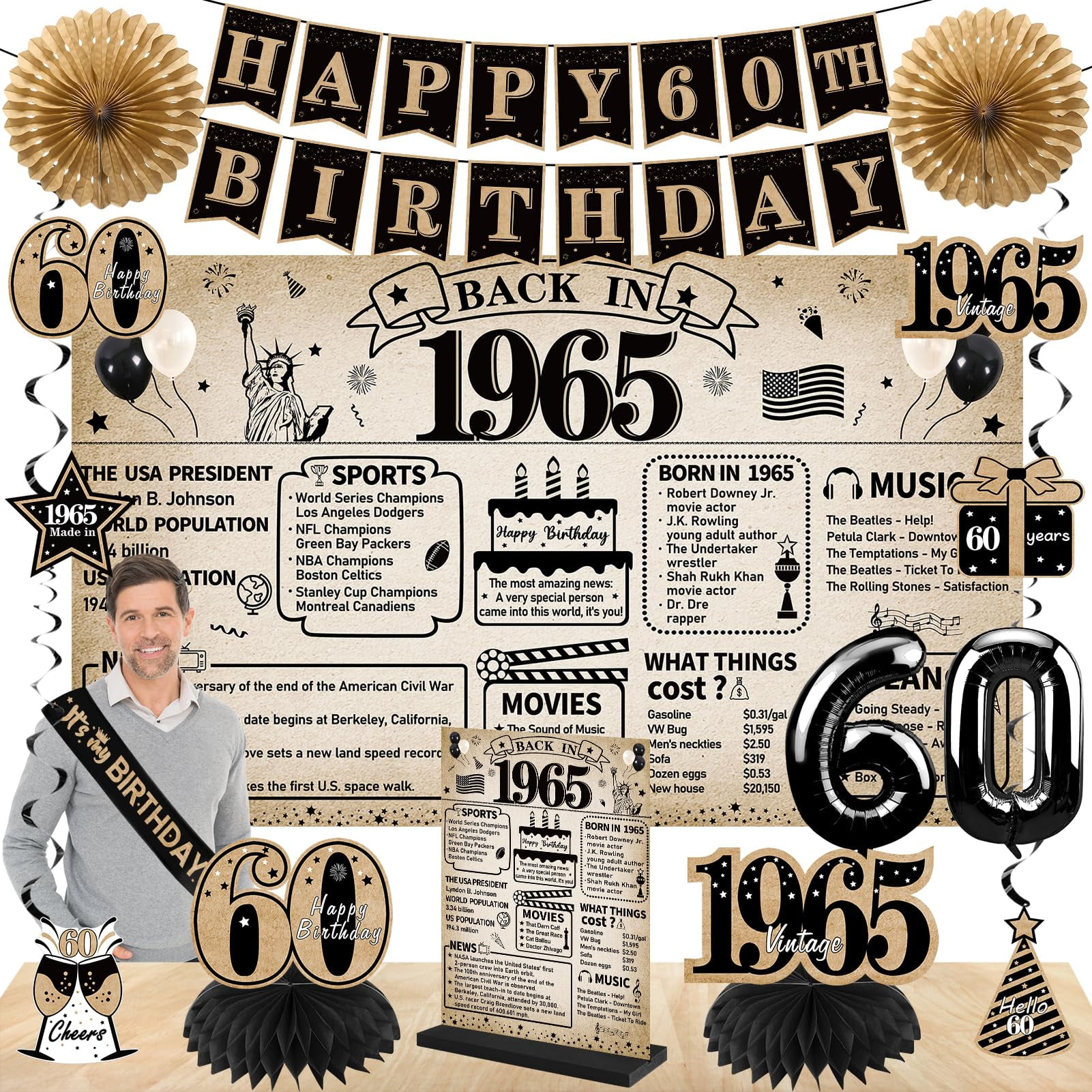 Eucutur 60th Birthday Decoration SSF20 Kit for Men 15PCS Back in 1965 ...