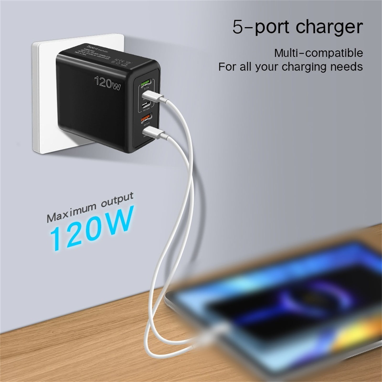 Eudgs 120W Fast Charger With 5 Ports 3PD+2USB Multiport Charger Block ...