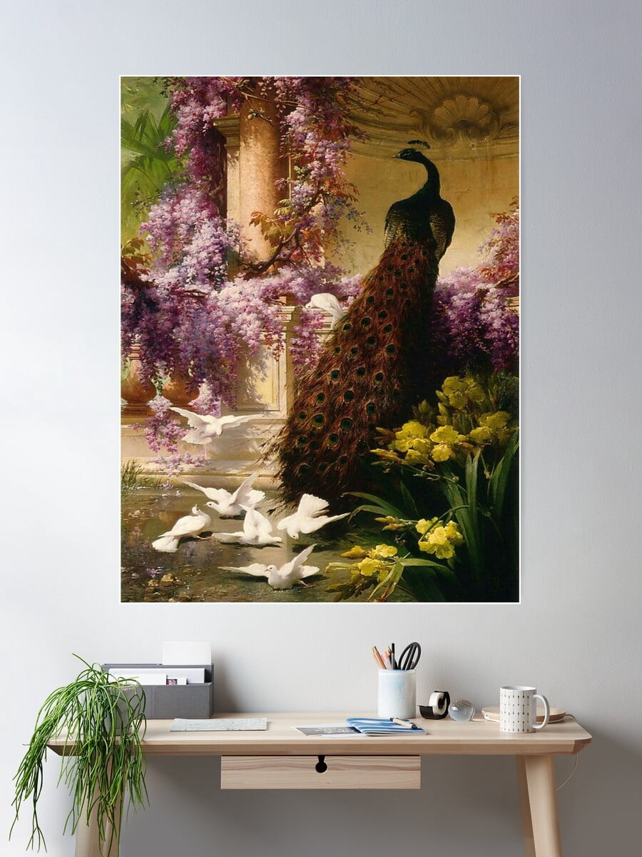Eugene Bidau'S A Peacock And Doves In A Garden Poster Wall Art, Modern ...