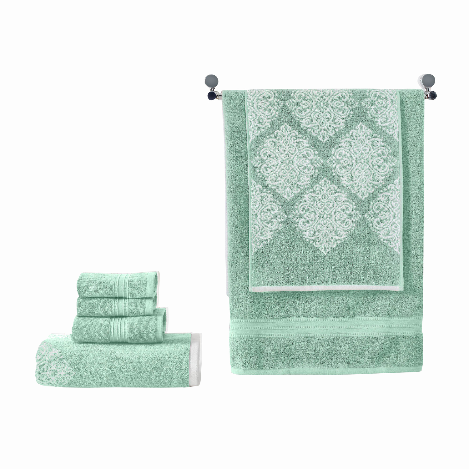 Eula Modern 6 Piece Cotton Towel Set, Stylish Damask Pattern, Sage ...