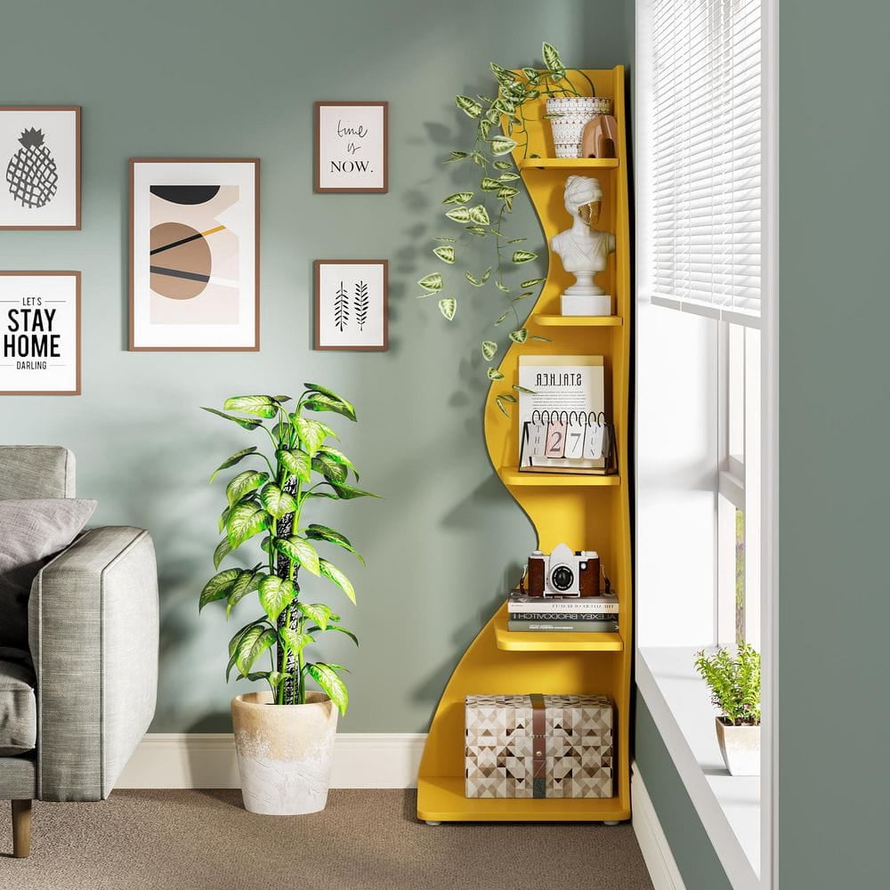Eulas 69.8 in. Tall Yellow Wood 5-Shelf Standard Bookcase Corner Shelf ...