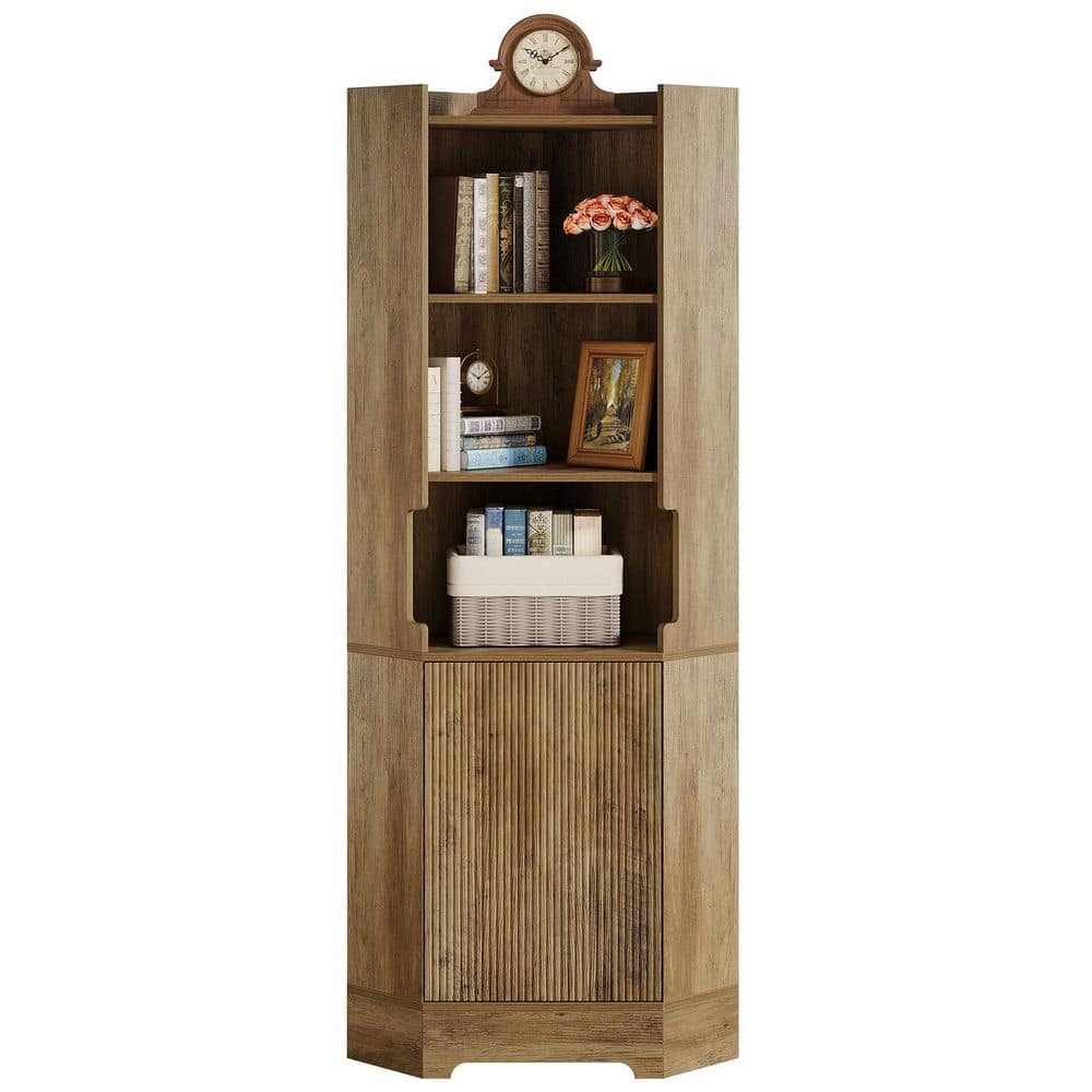 Eulas 69 in. Tall Brown Wood Corner Bookcase with 3-Open Shelves ...