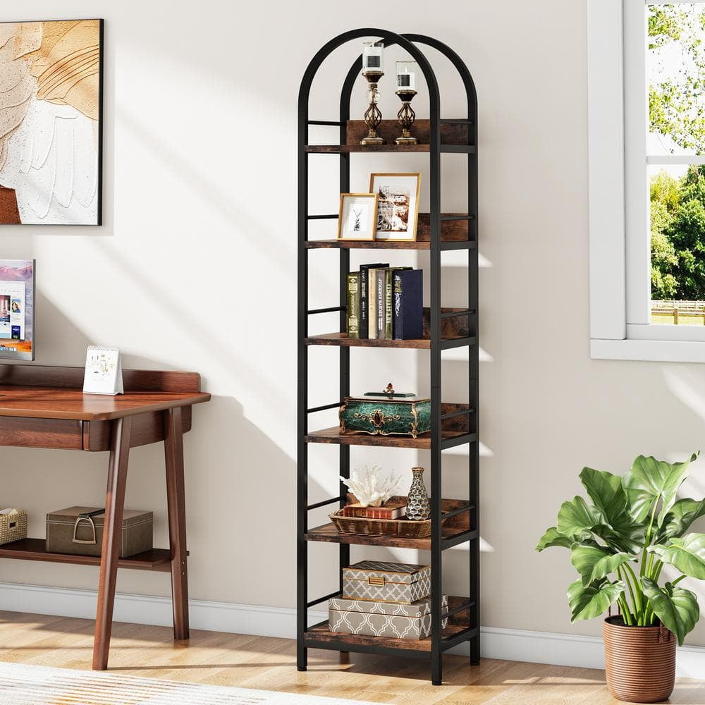 Eulas 78.7 in. Tall Rustic Brown Wood 6-Shelf Etagere Bookcase with ...