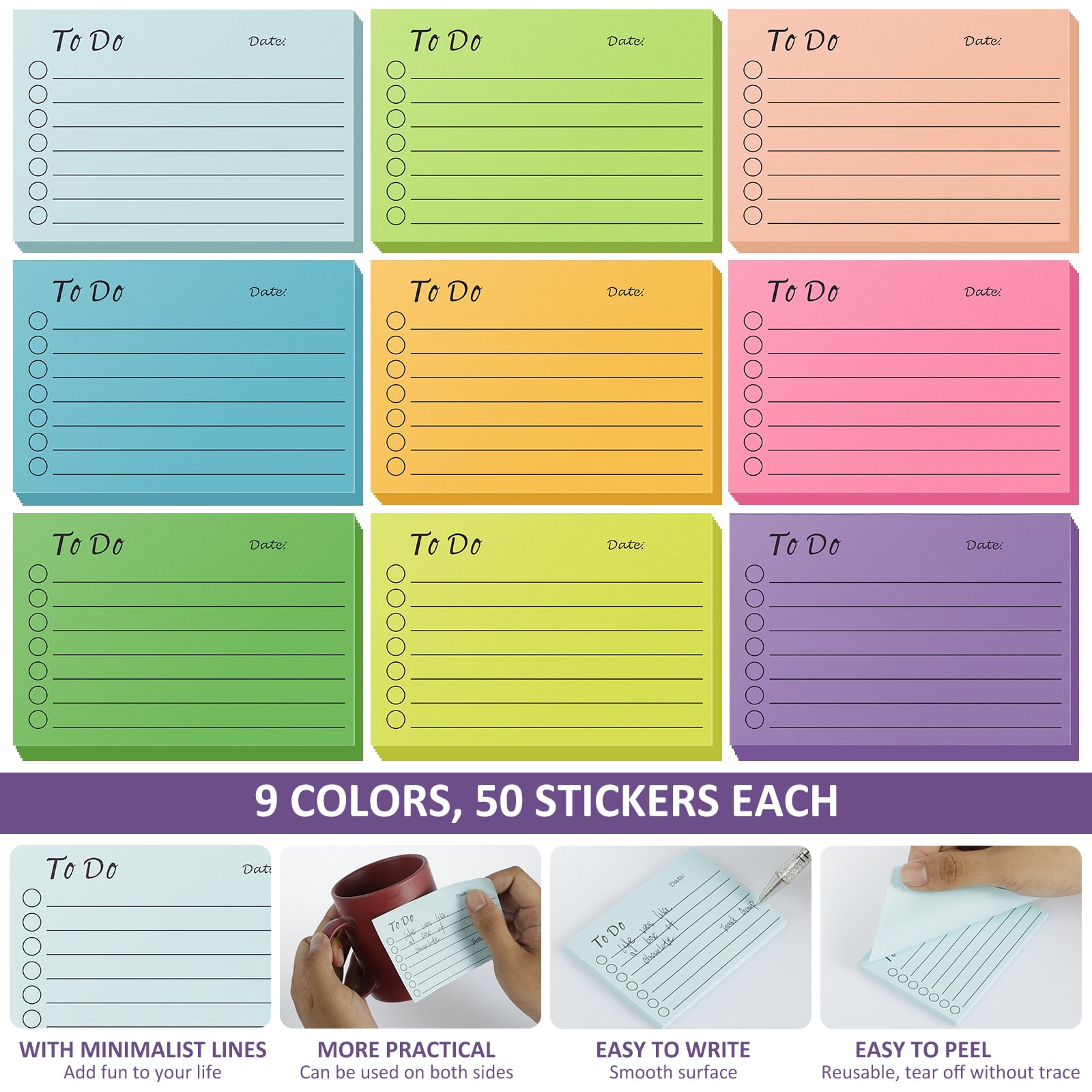 Eummy Set of 10 to Do List Sticky Notes 450 Sheets 3.5x3 in Lined ...
