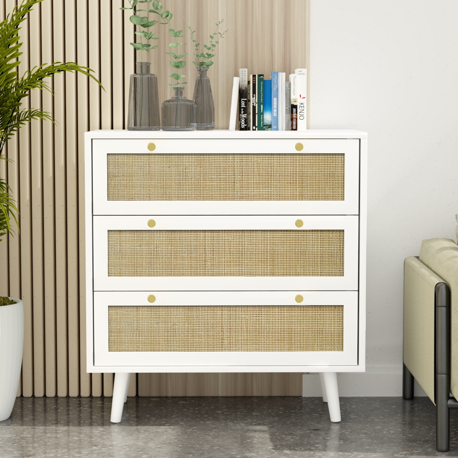 Eumyviv 3 Drawer Rectangle Dressers Chest,Rustic Rattan Dresser Storage ...