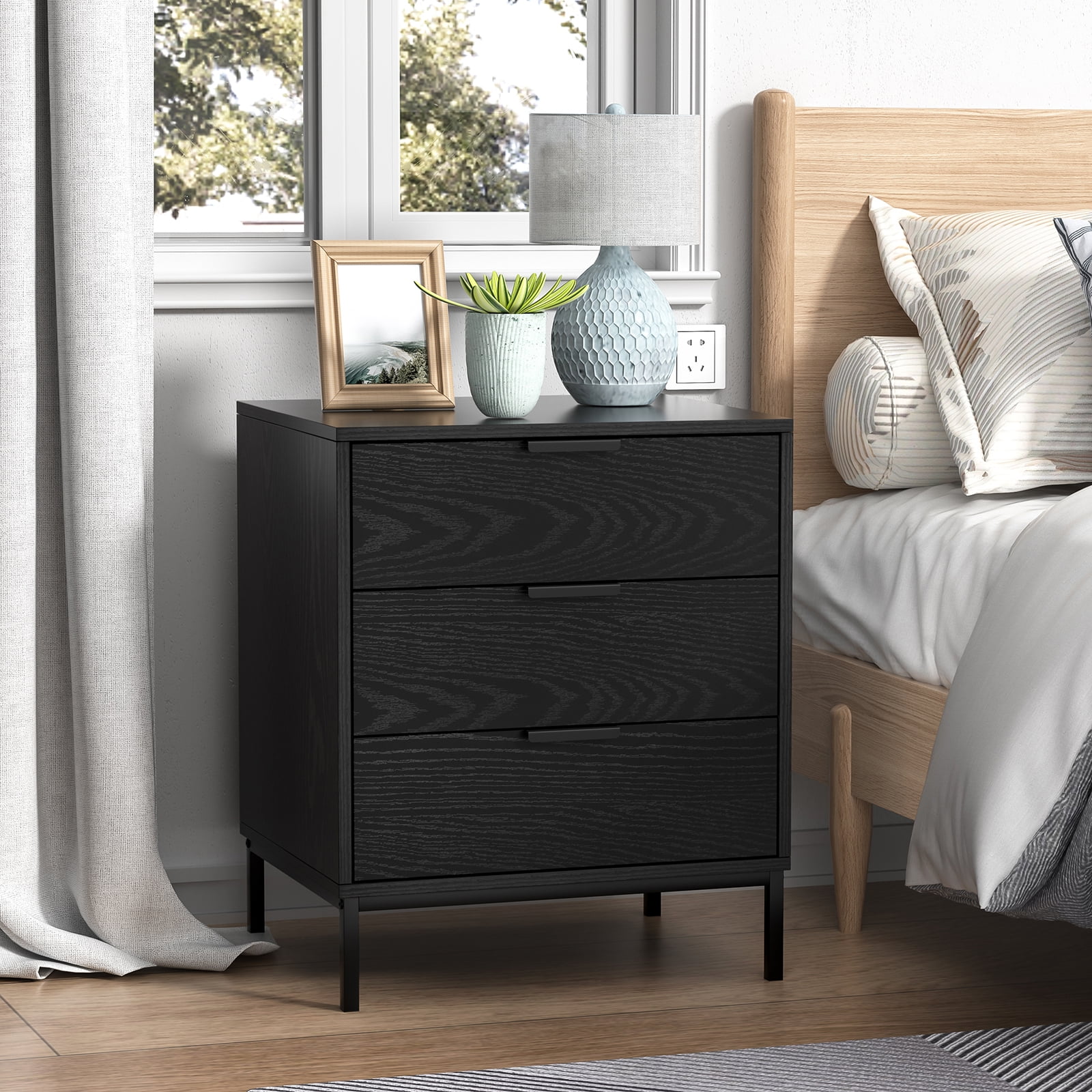 Eumyviv Black Nightstand, 3-Drawer Wood Bedside Table, Farmhouse Style, Durable and Stable ...