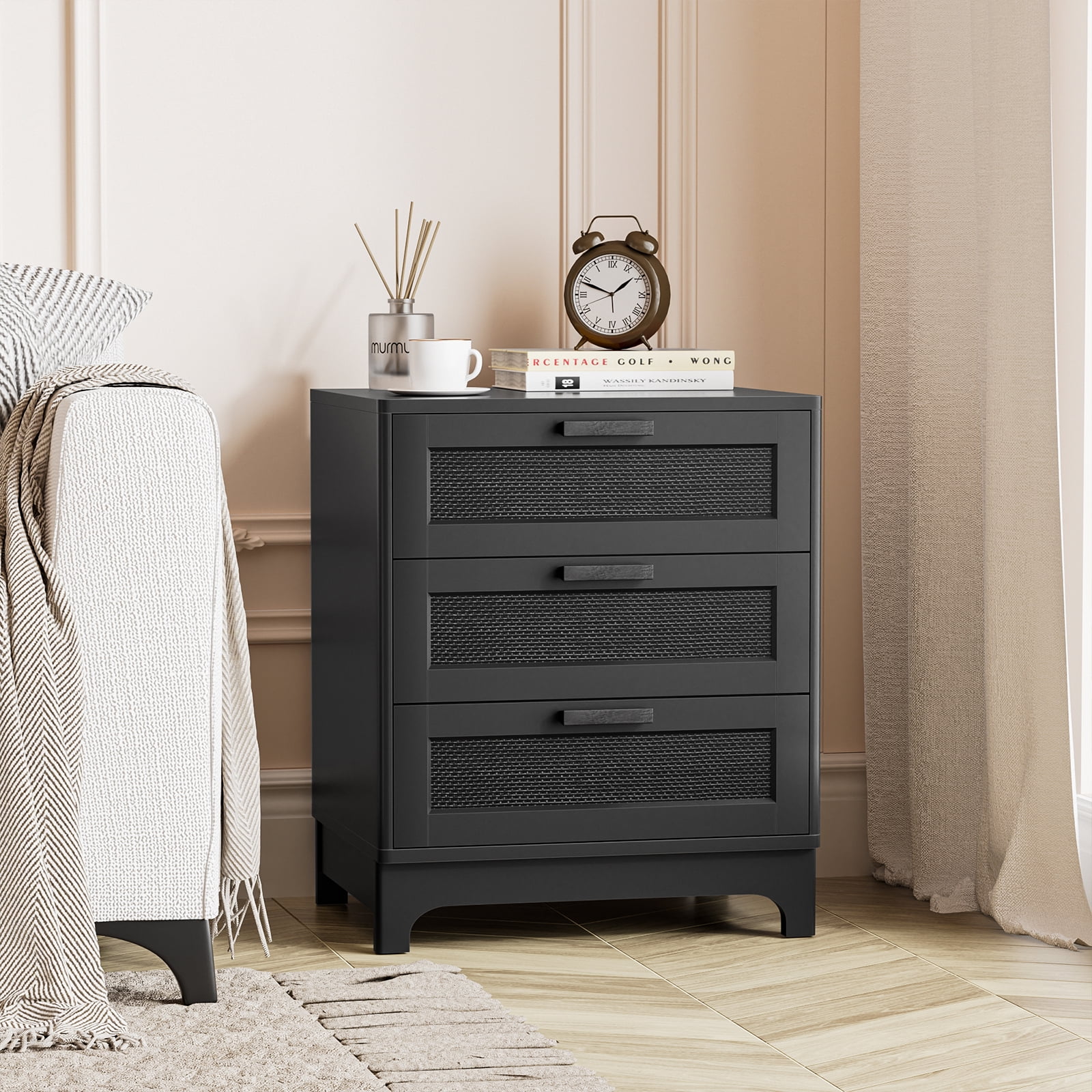 Eumyviv Black Rattan Nightstand, Wood Bedside Table with 3 Drawers ...