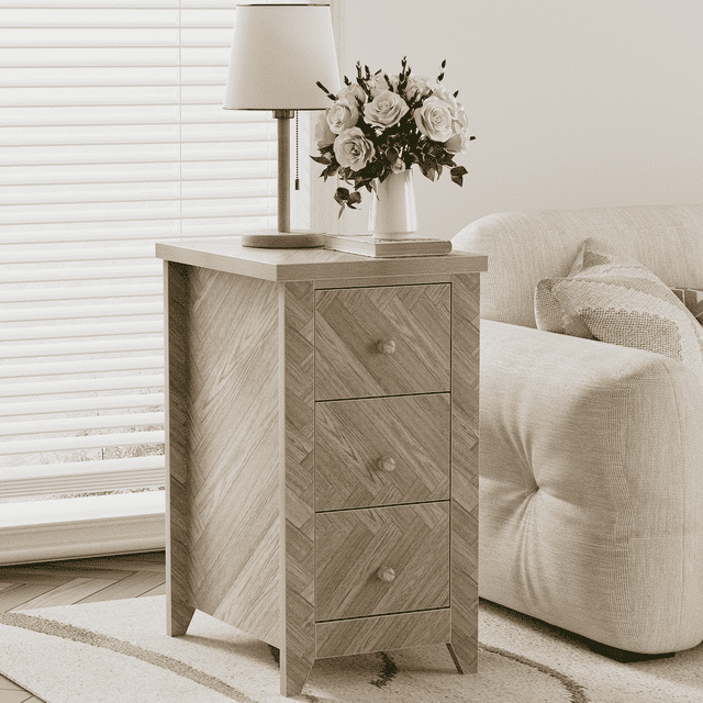 Free Shipping! Eumyviv Herringbone Nightstand, Wood Beside Table with 3 Drawers Narrow Sofa Side ...