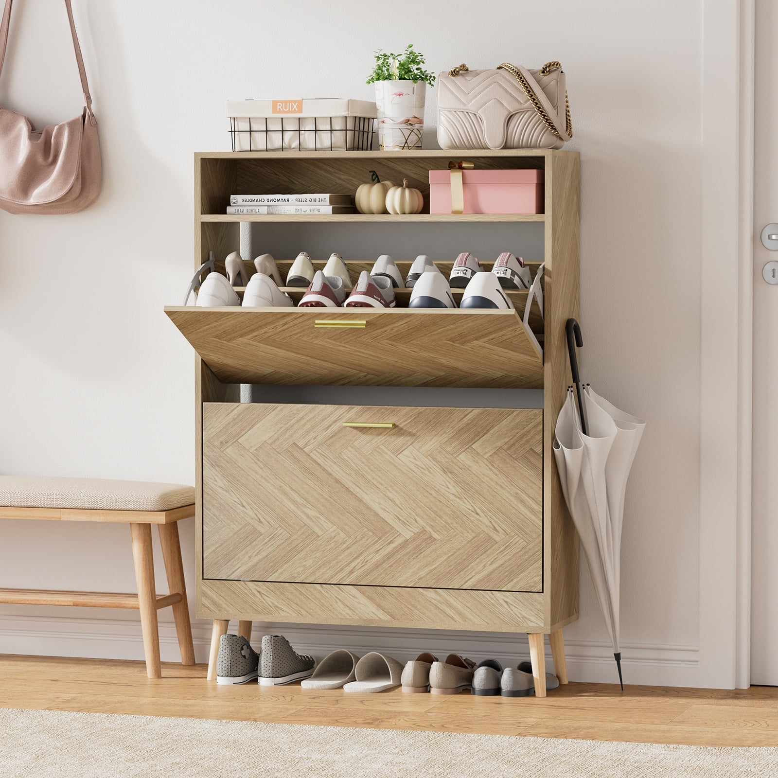 Eumyviv Herringbone Shoe Cabinet Wood Shoe Organizer Cabinet with 2 Flip drawers and One Open Shelf for Entryway Oak GS007