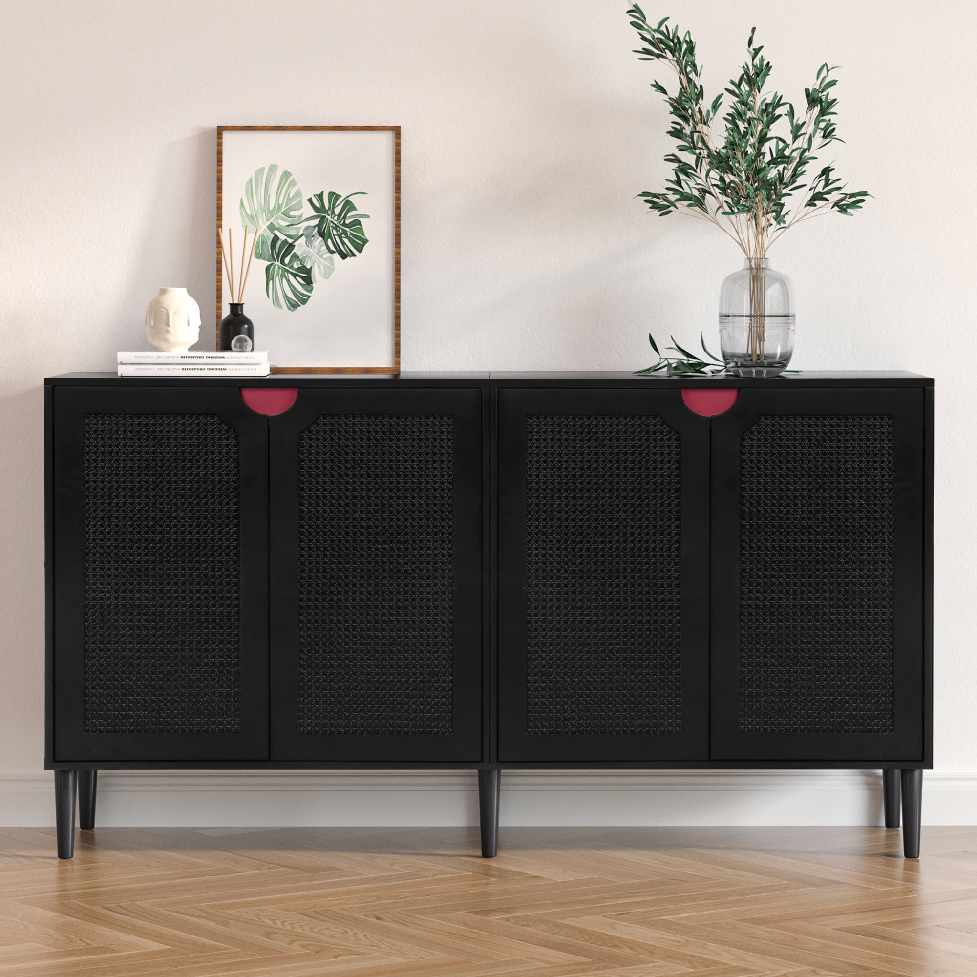 Eumyviv Mid Century Modern Rattan Cabinet, 4-Door Buffet Sideboard for ...