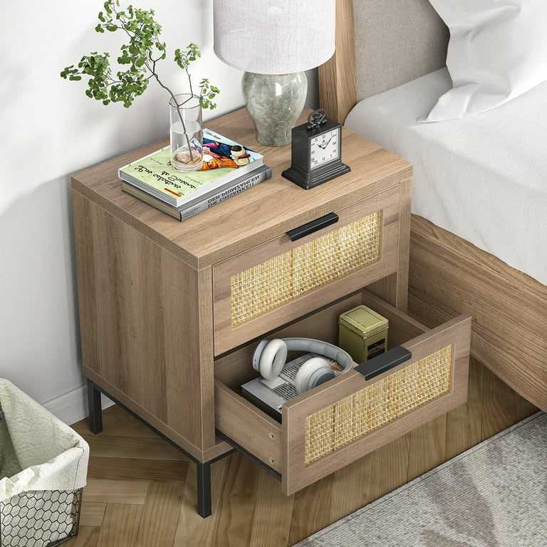 Free Shipping Eumyviv Modern Farmhouse Nightstands with 2 Rattan Drawer Wood Bedside Table Storage Cabinet for Bedroom Living Room Natural Oak H0021 Walmart