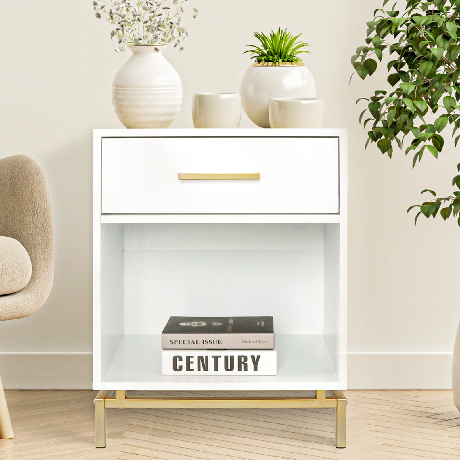 Eumyviv Modern White Rectangle Nightstand with 1-Drawer and Shelf ...