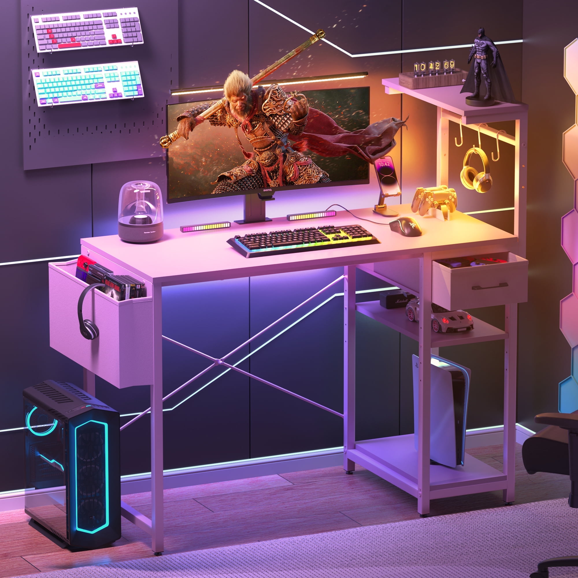 Eunon 44 inch Gaming Computer Desk with LED Lights, Reversible 4 Tier ...
