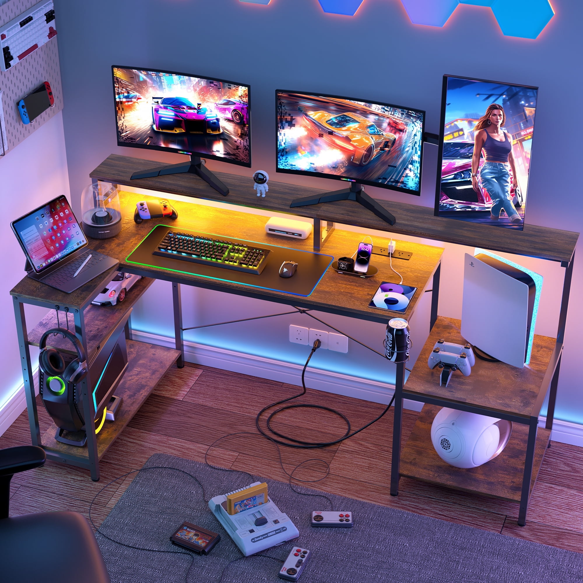 Eunon 71 inch L-Shaped Gaming Desk with Power Outlets LED Computer ...
