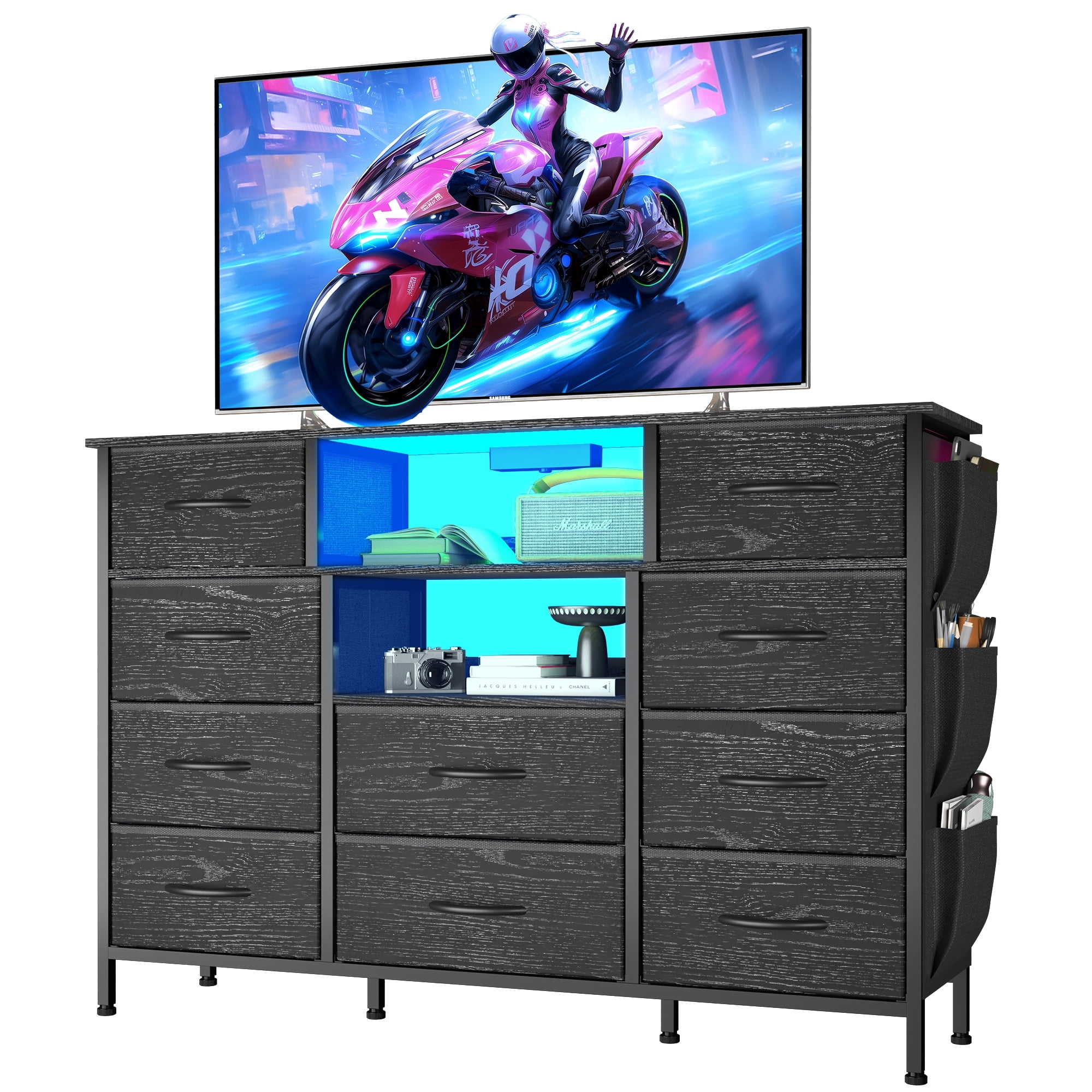 Eunon TV Stand with 10 Drawers, LED Lights, Power Outlets, Shelves ...
