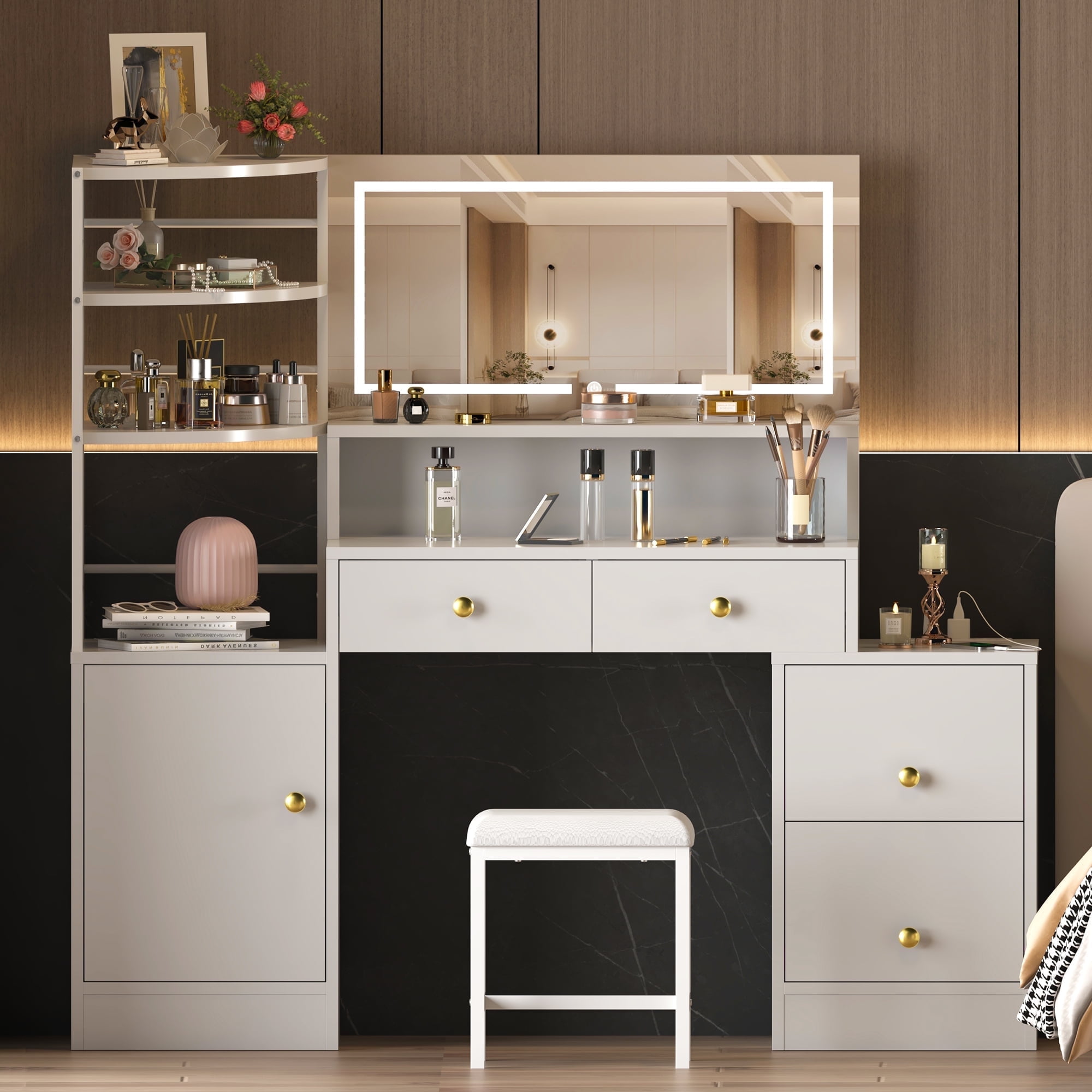 Eunon Large Vanity Desk with Large Mirror & LED Light,Power Strip ...