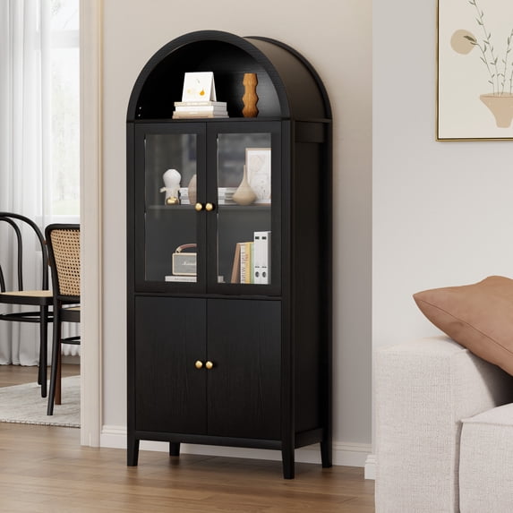Eunon Tall Arched Pantry Cabinet, Black Oak Storage Cabinet With ...