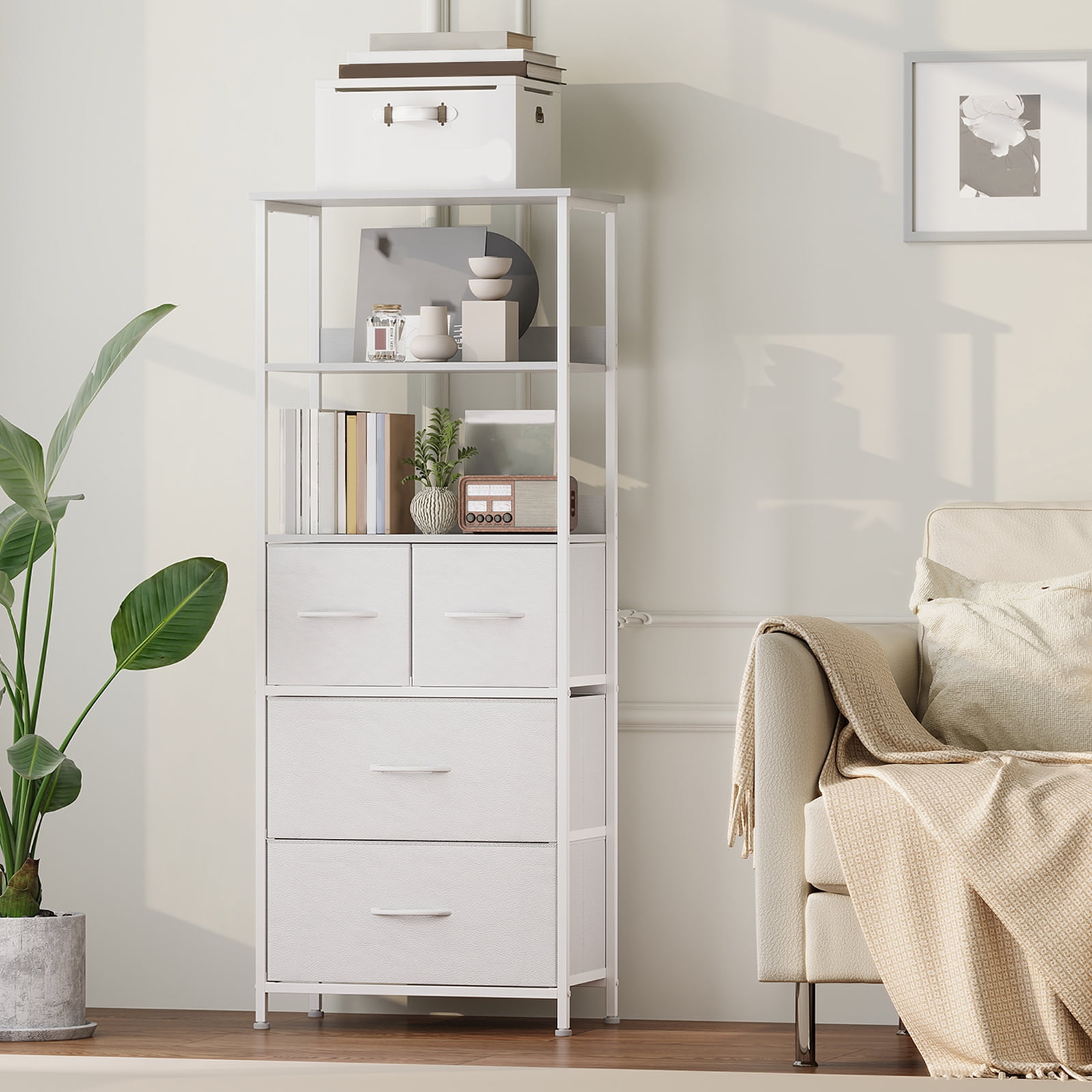 Eunos 6 Tier White Tall Bookcase with Drawers, 4 Removable Drawer ...