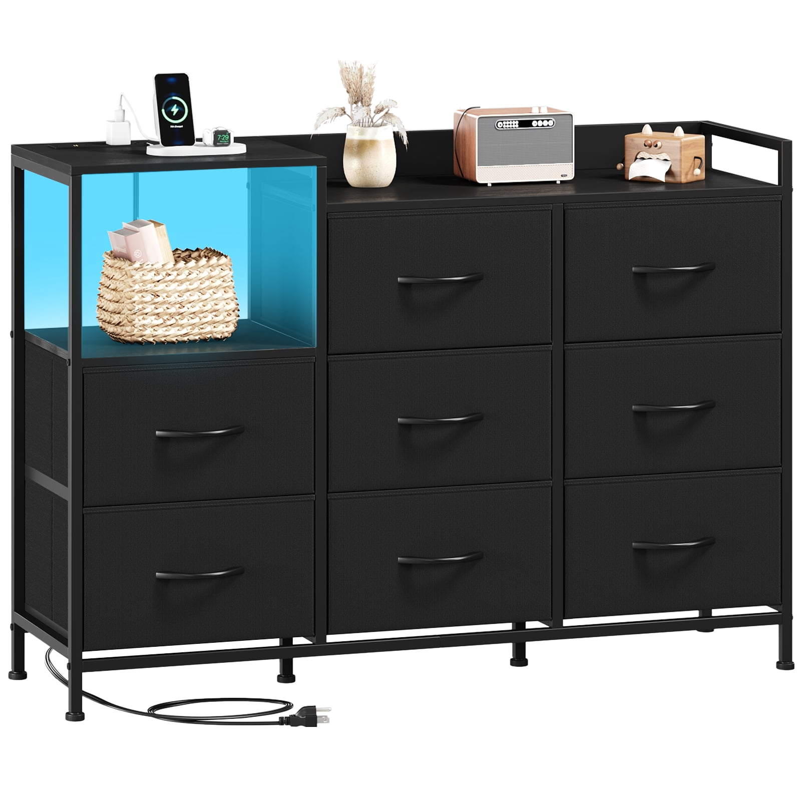 Eunos 8 Wide Black Drawers Dresser with Charging Station and Open Shelf ...