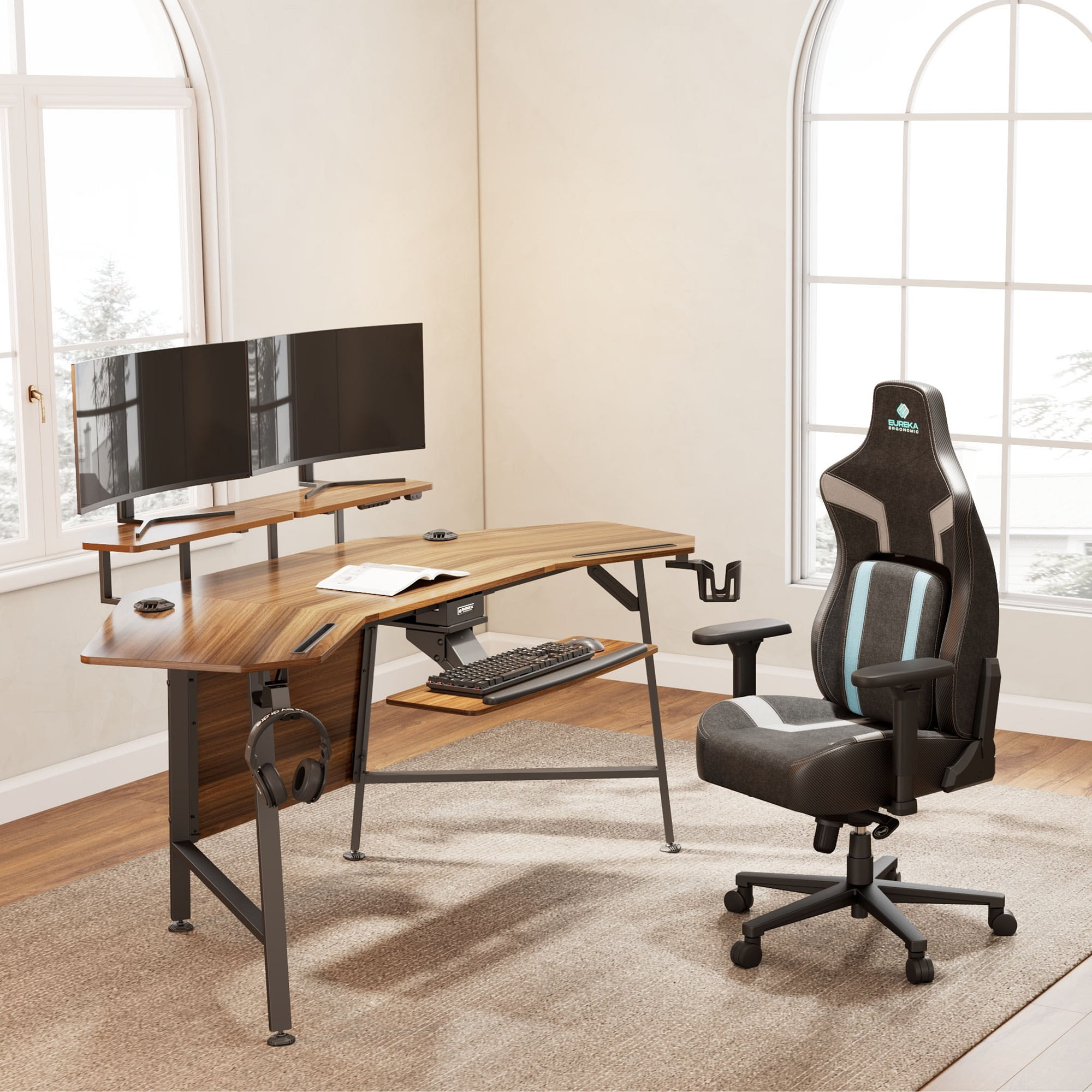 "Eureka Ergonomic 72"" Gamer Desk with Computer Table, RGB LED Lights ...