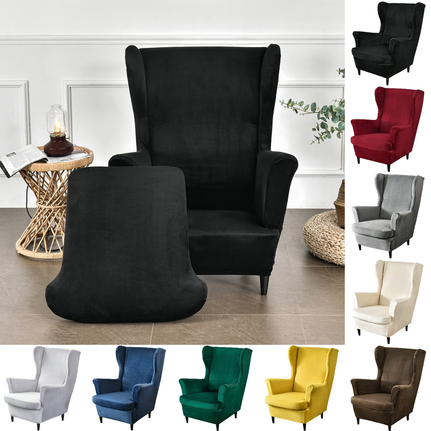 Eurhowing 2-Piece Stretch Wingback Chair Covers, Non-Slip Velvet Chair ...