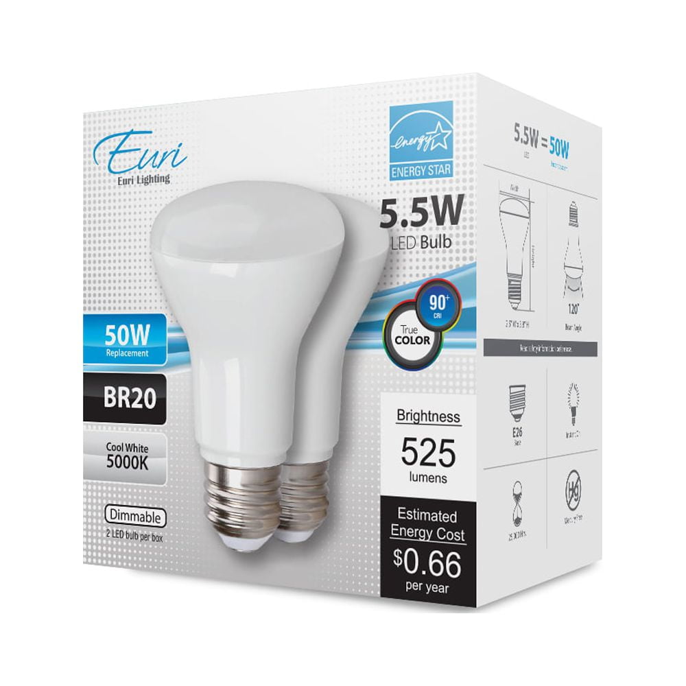Euri LED Light Bulbs, BR20, 5.5W (50W Equivalent), Cool White, 2-Pack ...