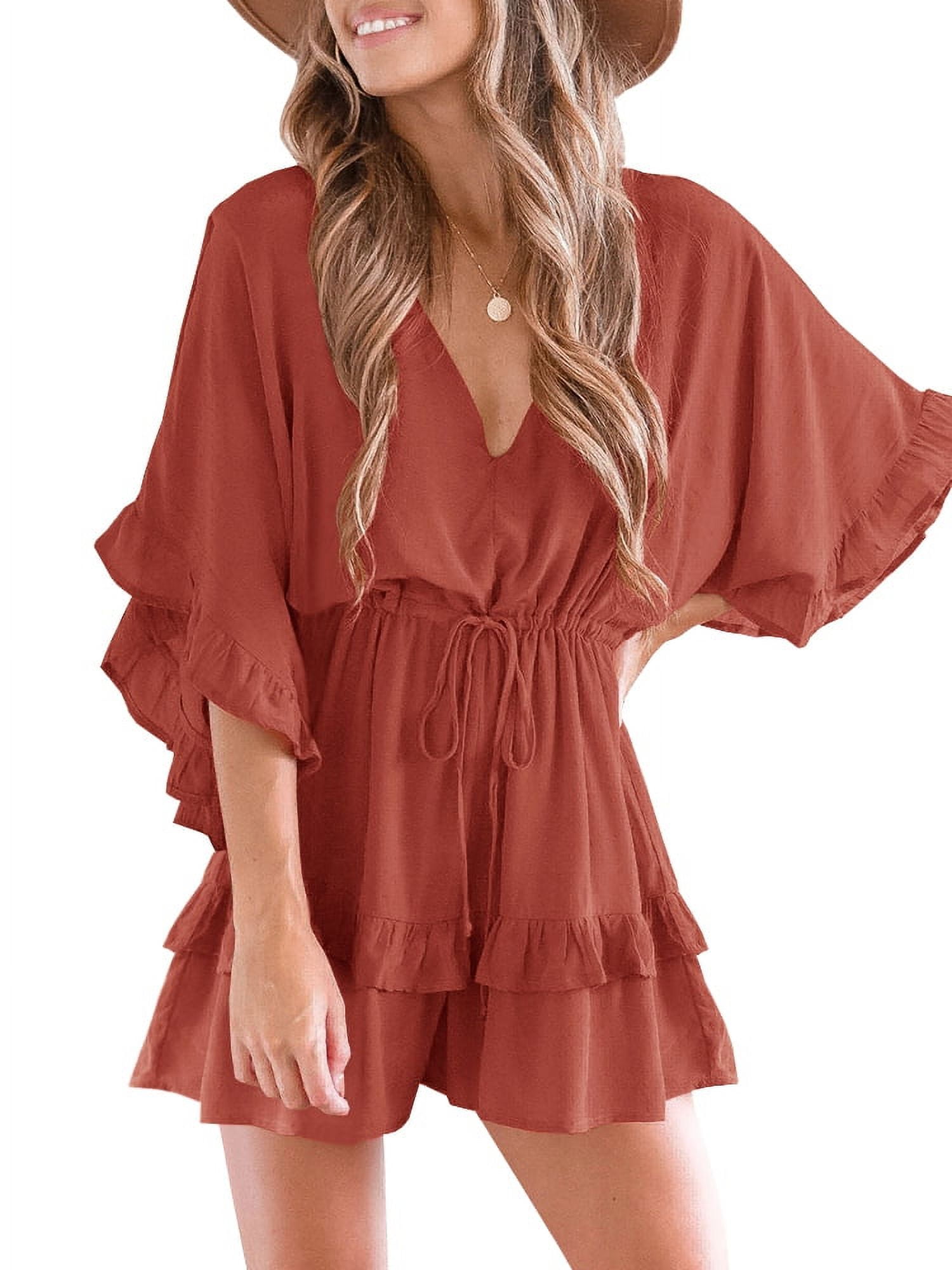 Eurivicy Womens V-Neck Beach Romper Ruffle Layered Drawstring Waisted ...