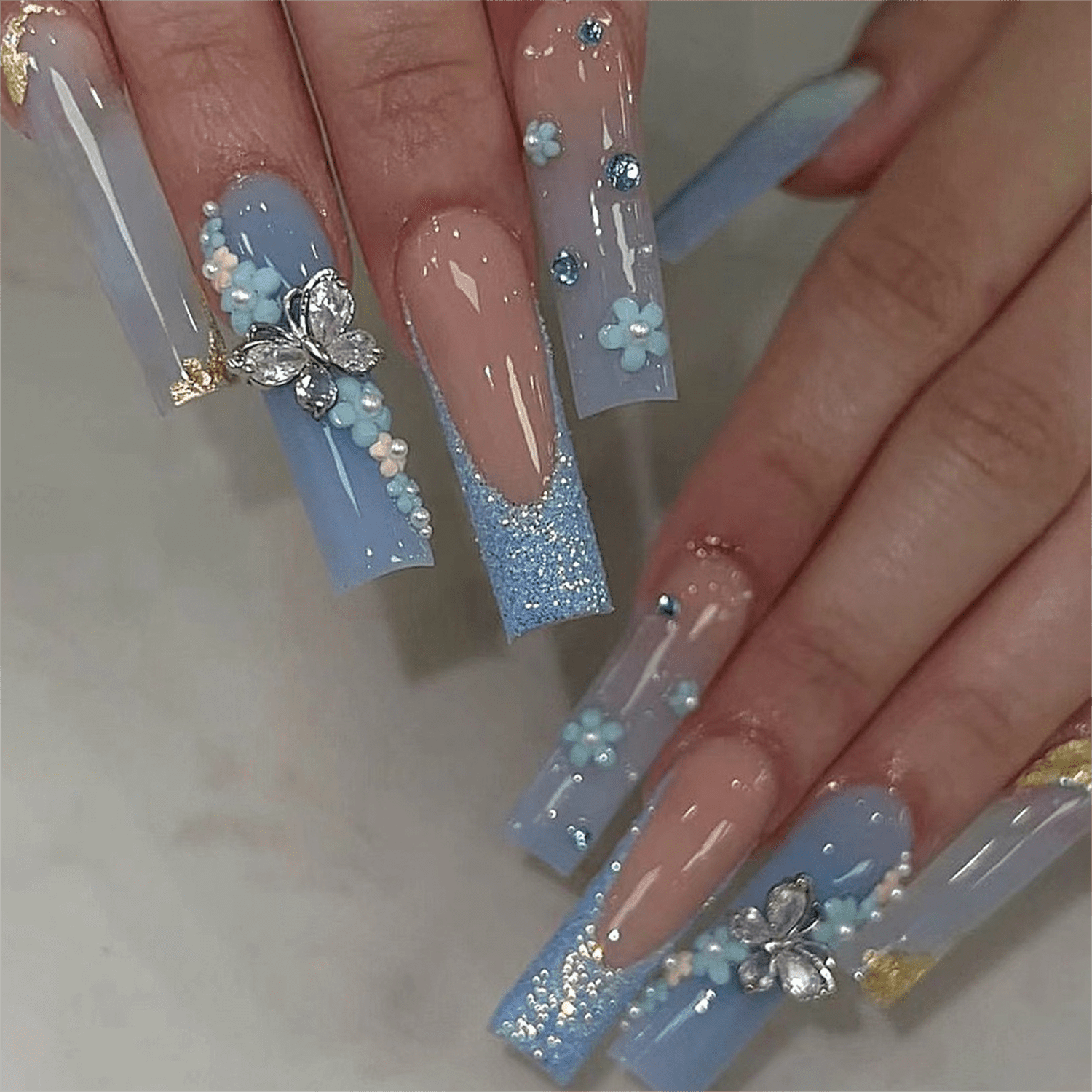 Long Press On Nails with Pink White Flowers & Diamond Chains Natural ...