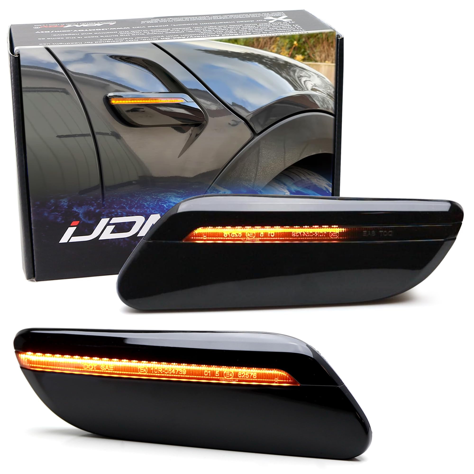 Euro Gloss Black Surface & Clear Lens Sequential Blink Amber LED Fender Side Marker Light Kit ...