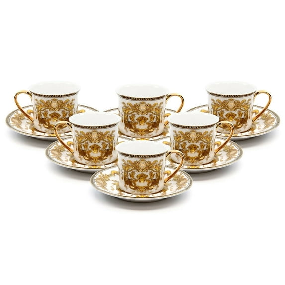 Euro Porcelain 12-Pc Medusa Greek Key Tea Cup Set 24K Gold Coffee ...