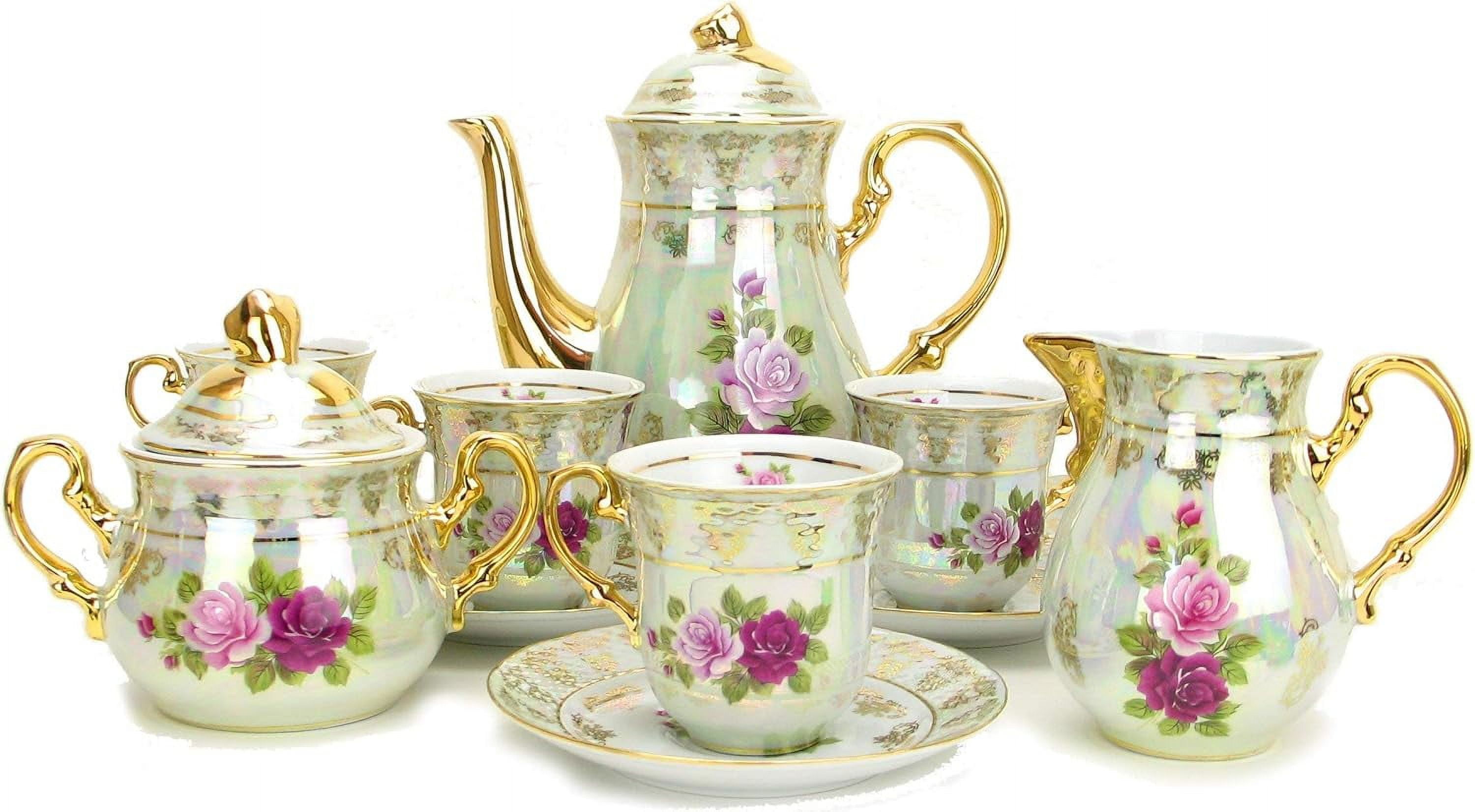Euro Porcelain 17-pc Vintage Pink & Red Roses Tea Cup Coffee Set, White ...