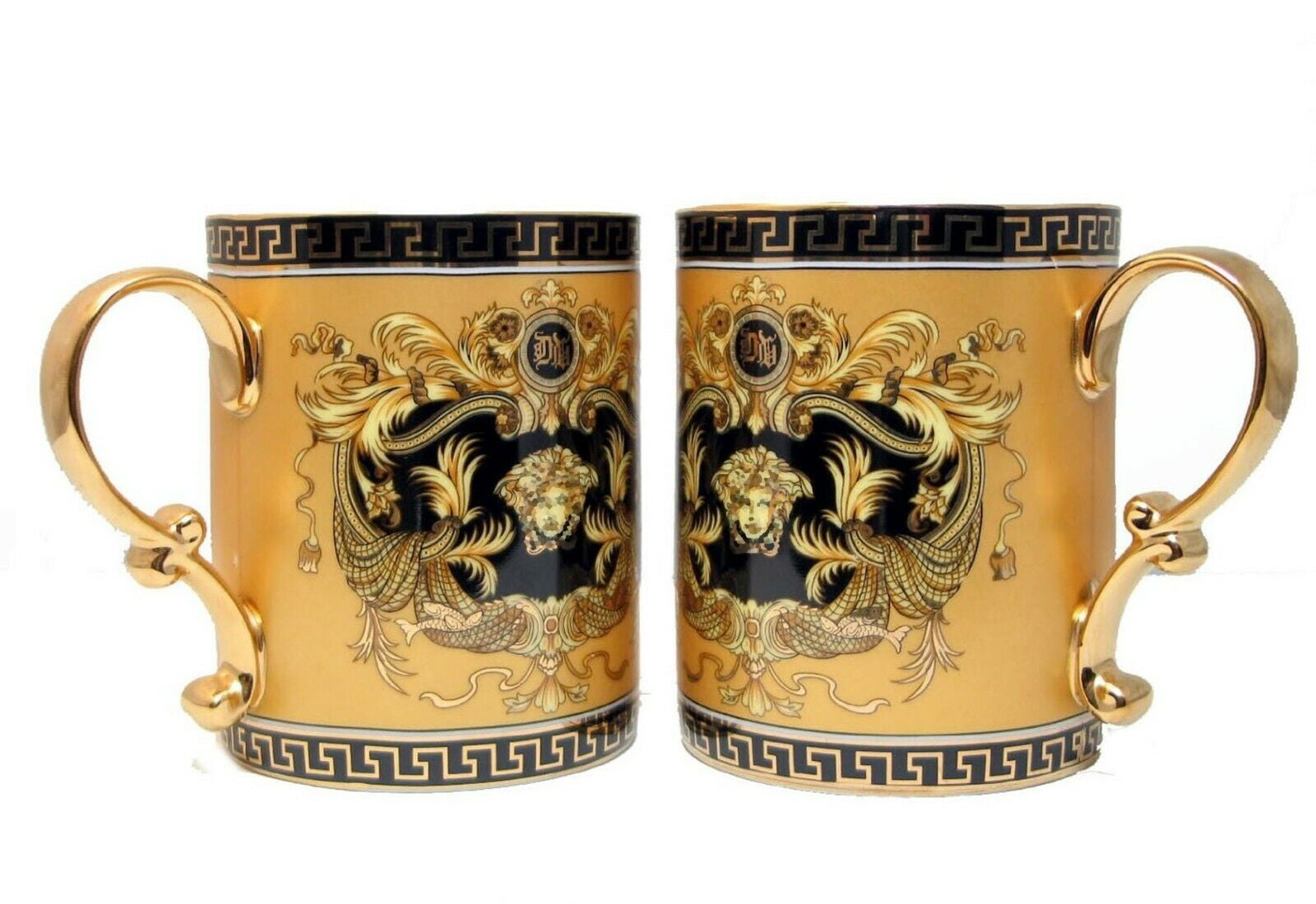 Euro Porcelain 2-pc Set Coffee Mug Tea Cup, 24 kt Gold Greek Key Medusa ...