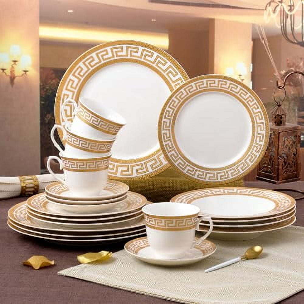Euro Porcelain 20-pc Dinnerware Set w/ Gold Greek Key Pattern 24K ...