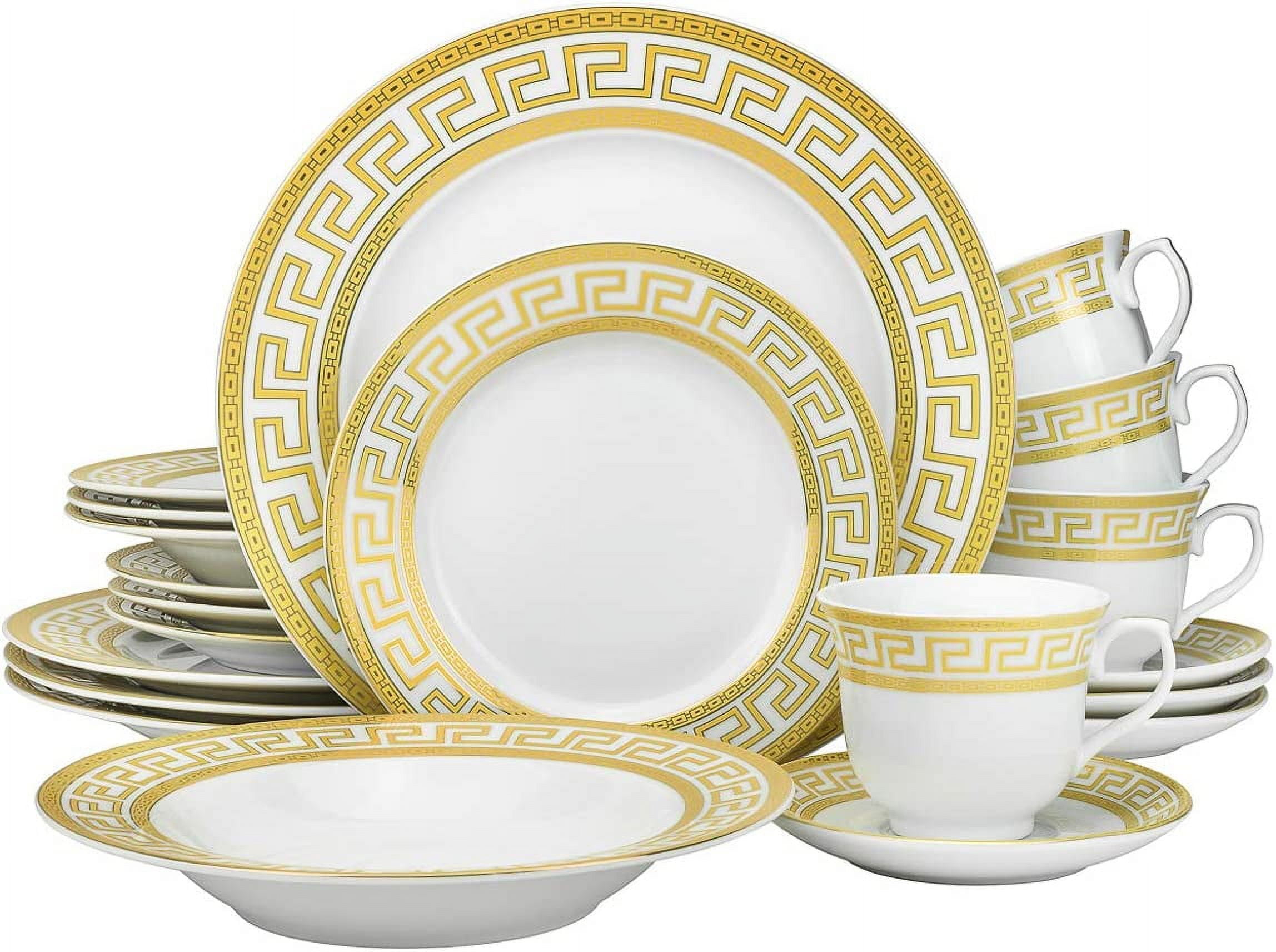 Euro Porcelain 20-pc Dinnerware Set w/ Gold Greek Key Pattern 24K ...