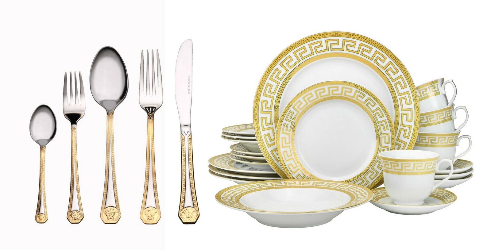 Euro Porcelain 40-pc Dinnerware & Flatware Set for 4 Medusa Greek Key ...