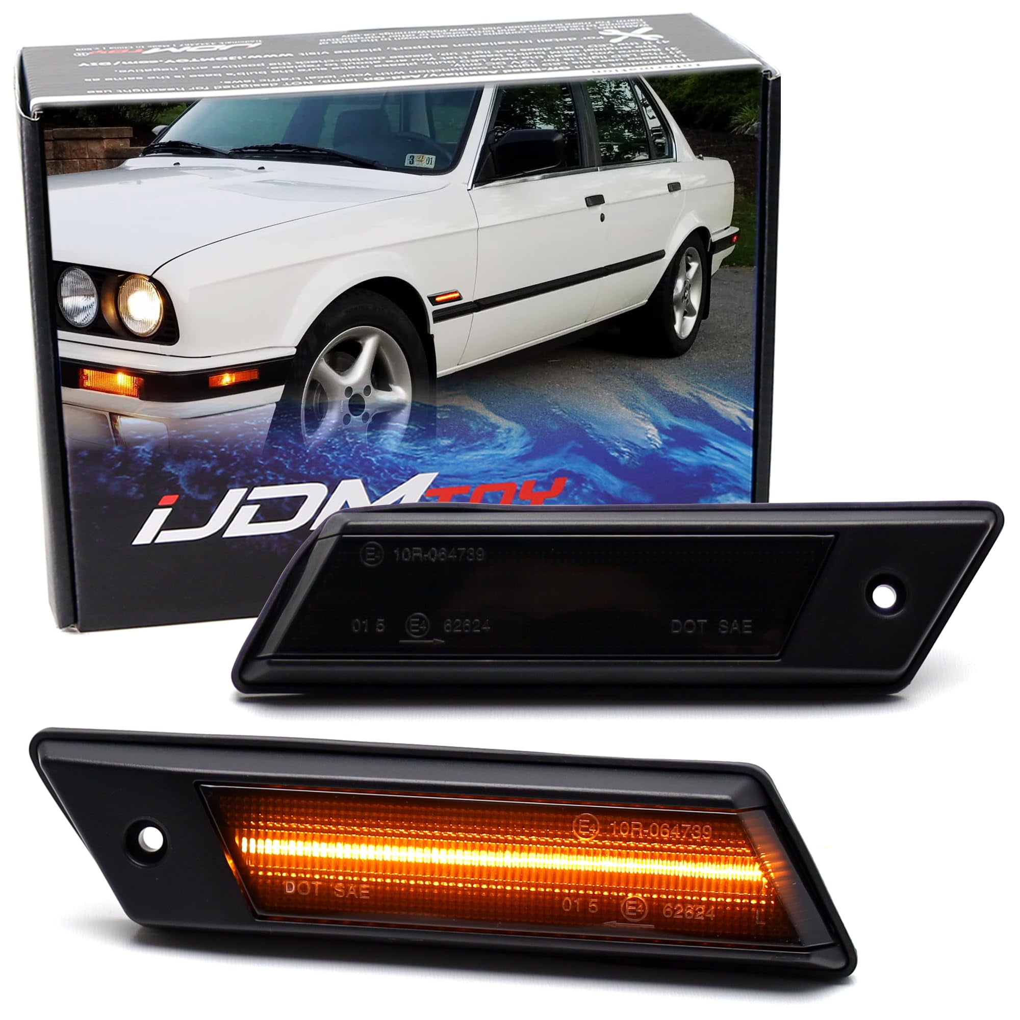 Euro-Spec Black-Out Smoked Lens Amber Full LED Front Fender Side Marker Lights For BMW E30 E28 ...