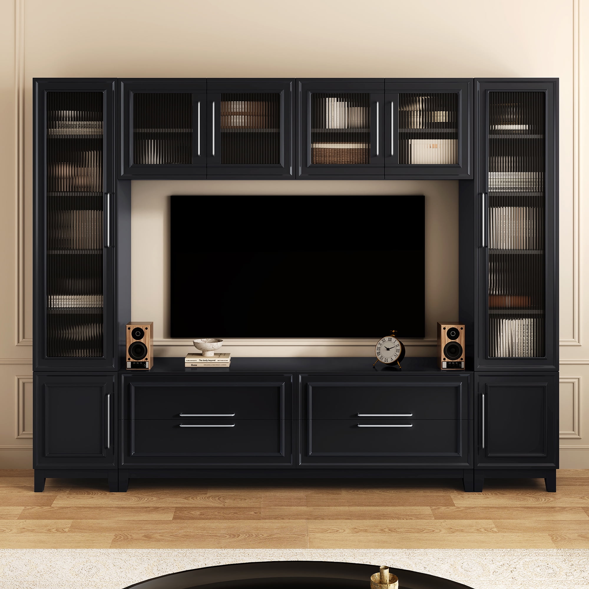 Euroco 102" W Wall Unit Modern Entertainment Center with Glass Doors ...