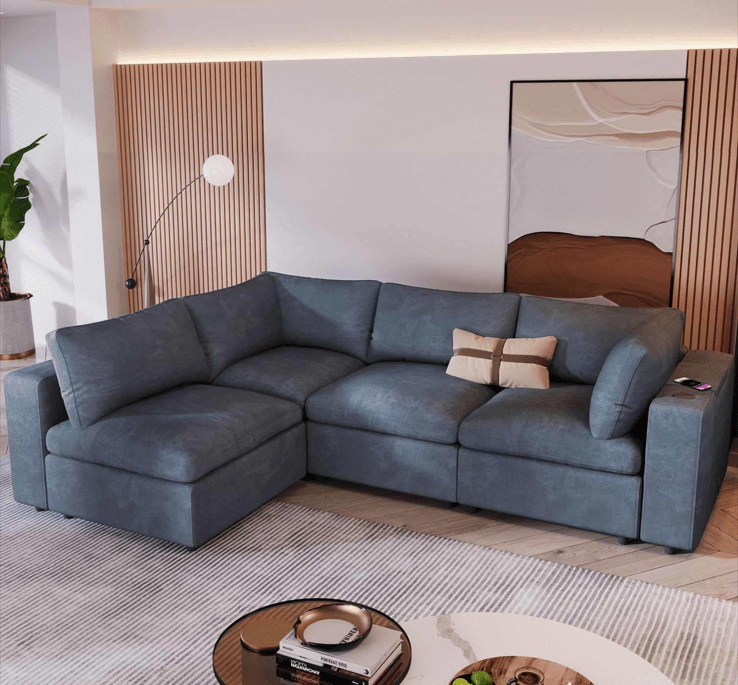 Euroco 106" Upholstered Modular Sofa with USB Charge Ports, Sectional ...