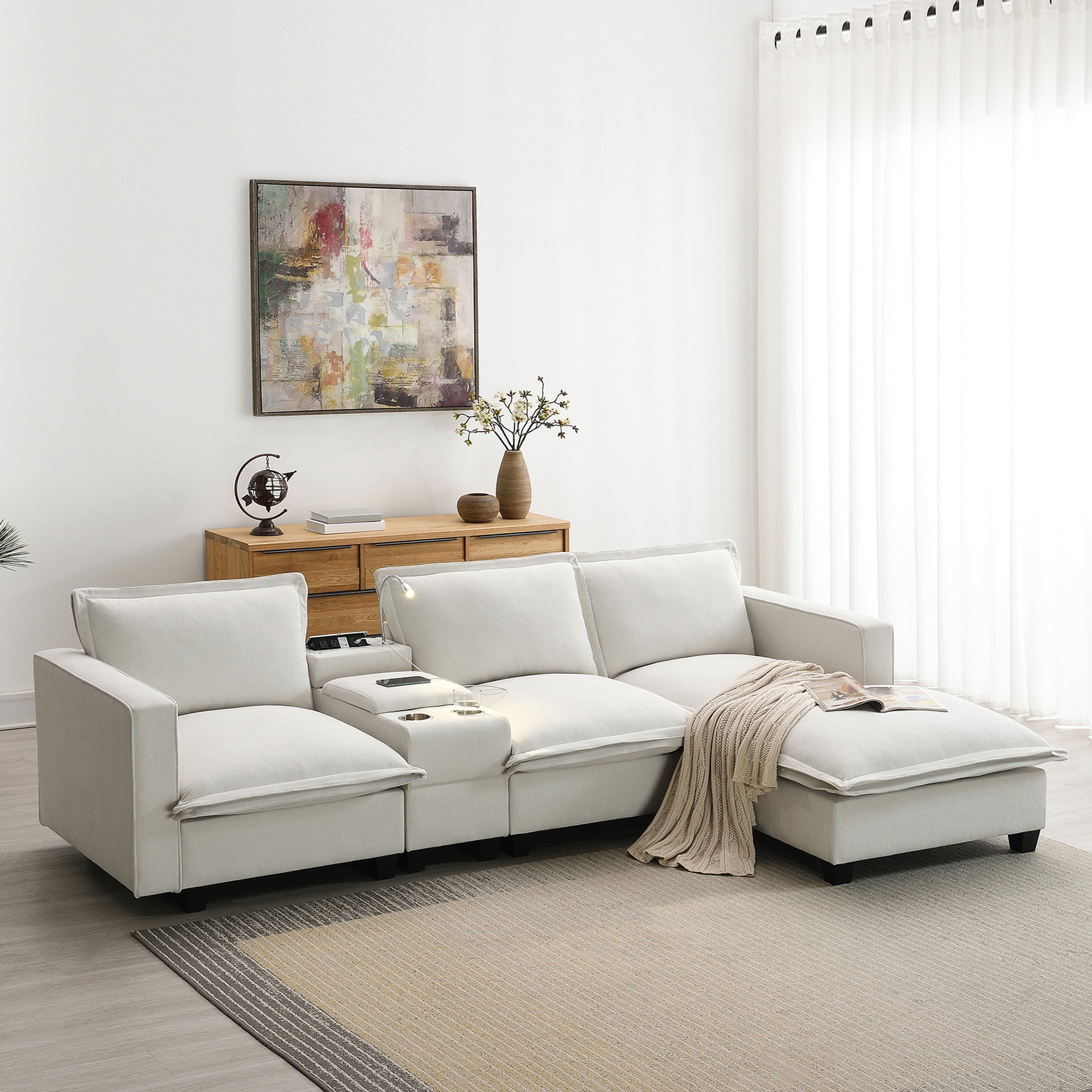 Euroco 109*57" Modern Sectional Cloud Sofa with Console,USB charger,4 ...