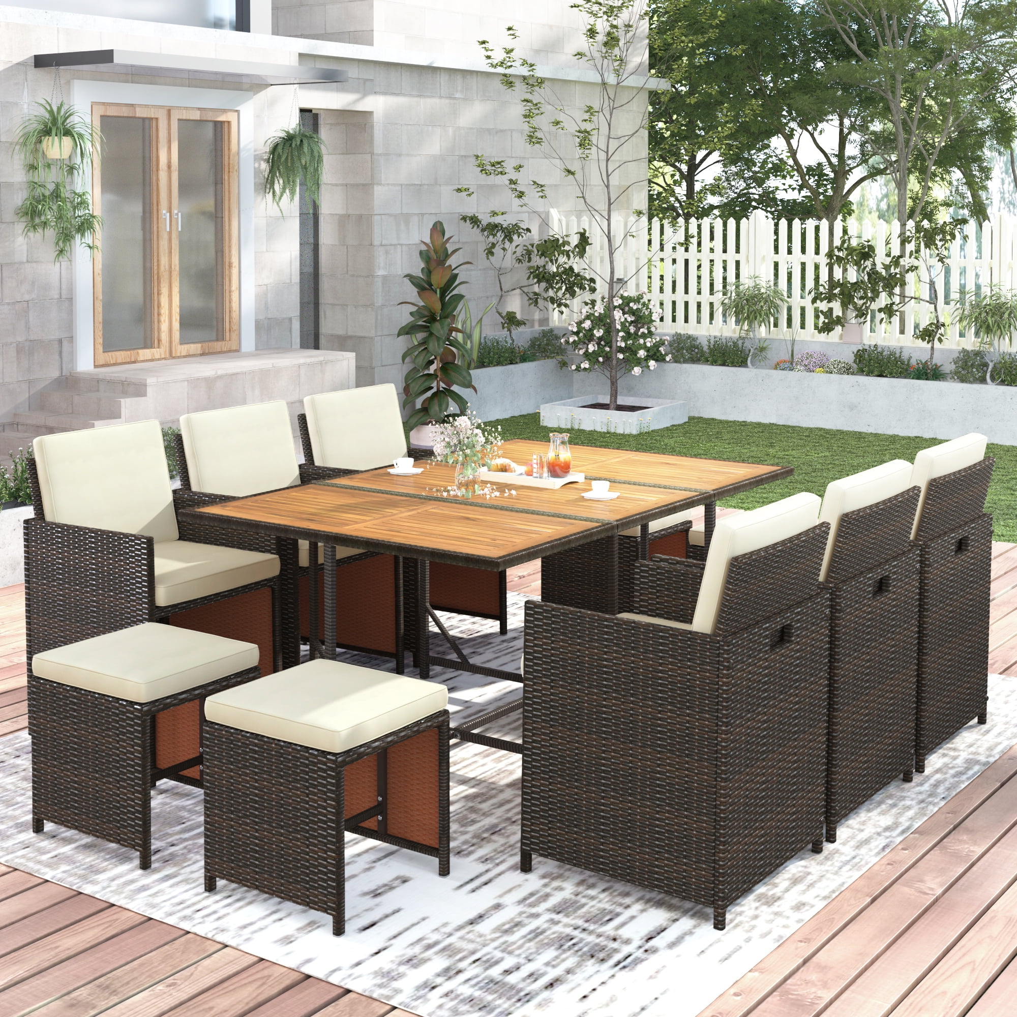 Euroco 11 Pieces Patio Dining Table Set All-Weather PE Wicker Table Set ...