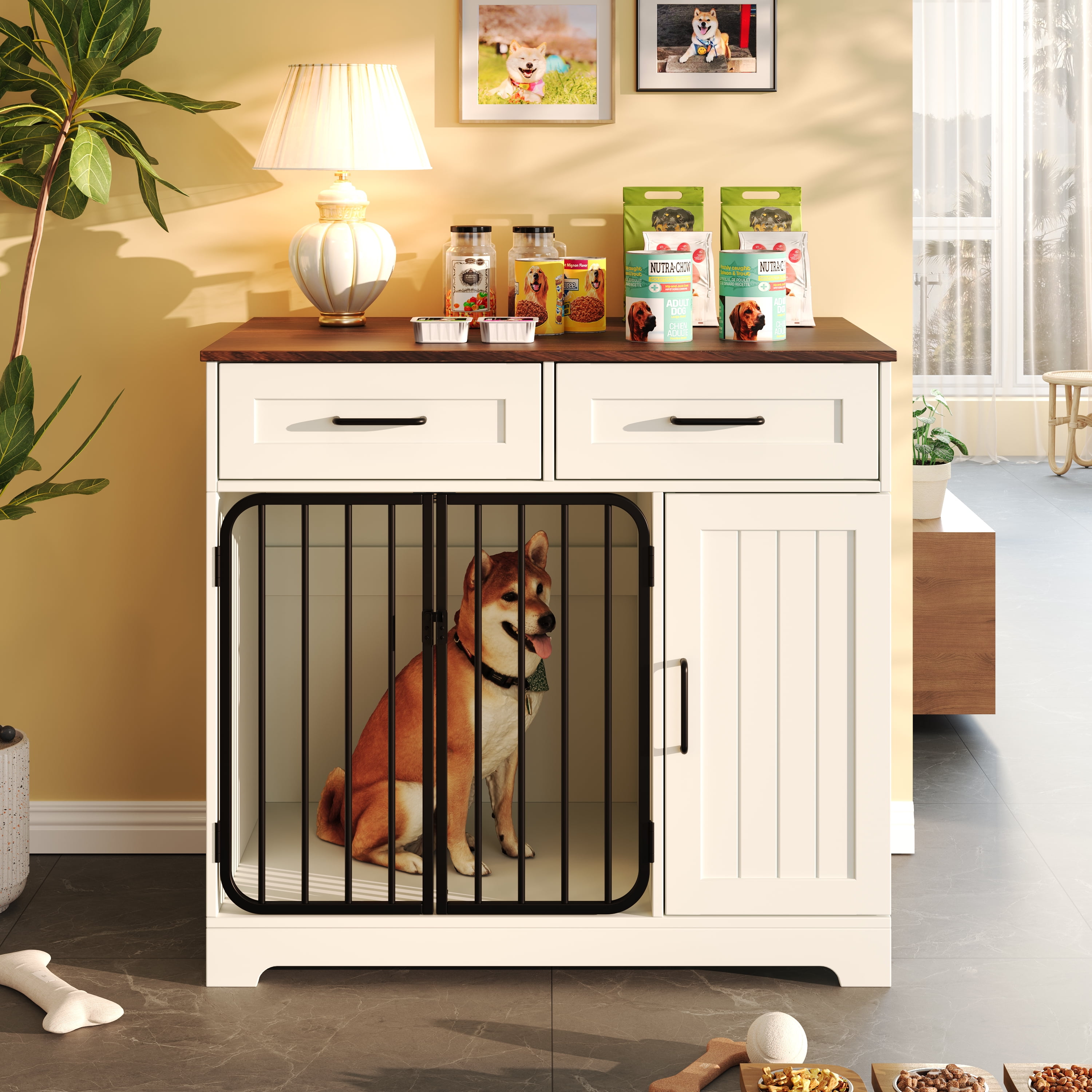 Euroco 2-in-1 Dog Crate Furniture with Storage Drawers and Cabinet ...