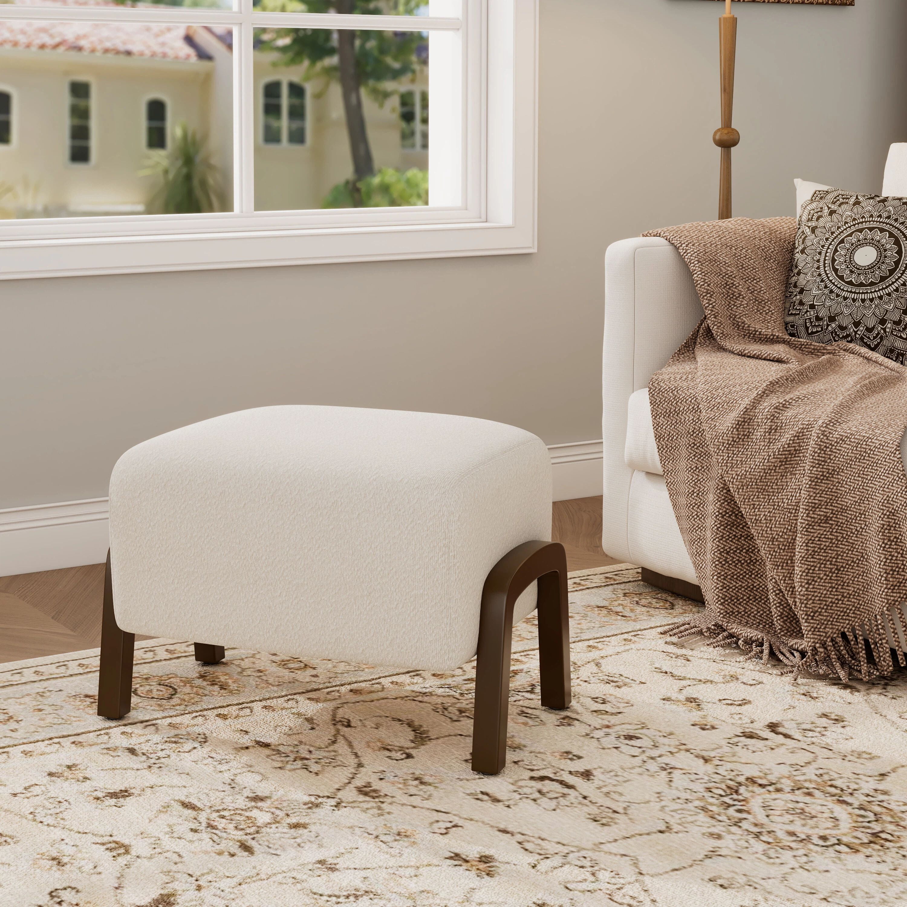 Euroco 20" Boucle Upholstered Ottoman, Modern Stool Chair with Wooden ...