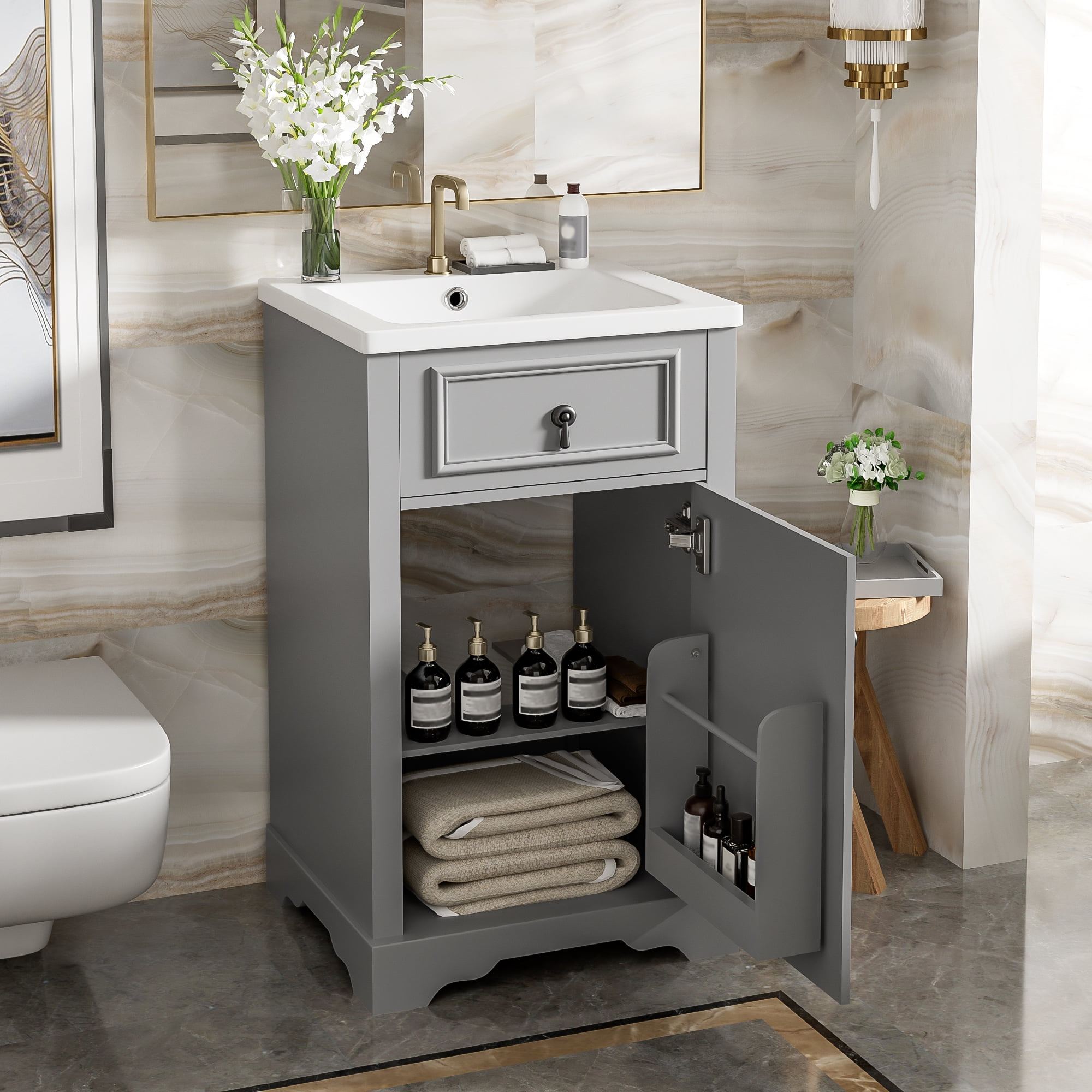 Euroco 20-Inch Bathroom Vanity with Ceramic Sink, Soft Close Door ...