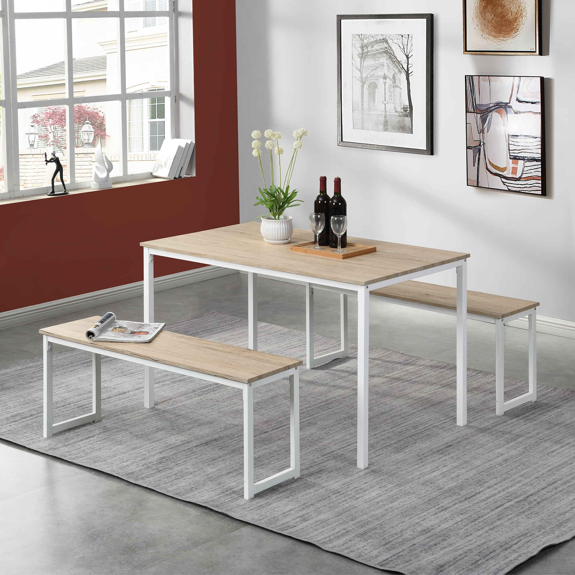 Euroco 3-Piece Dining Set, Kitchen Table with 2 Benches - Walmart.com