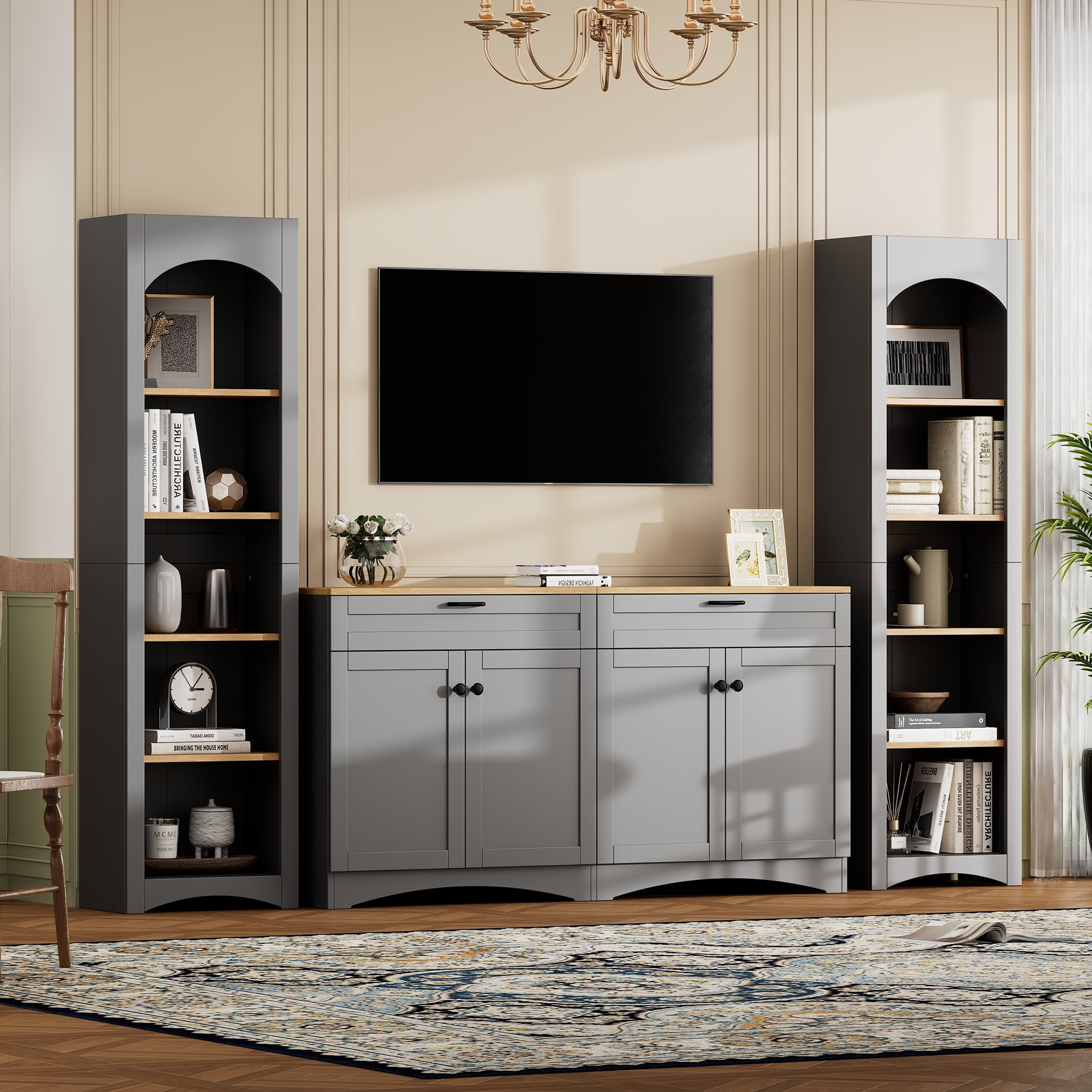 Euroco 3-Piece Farmhouse Entertainment Center with Storage Cabinet for ...