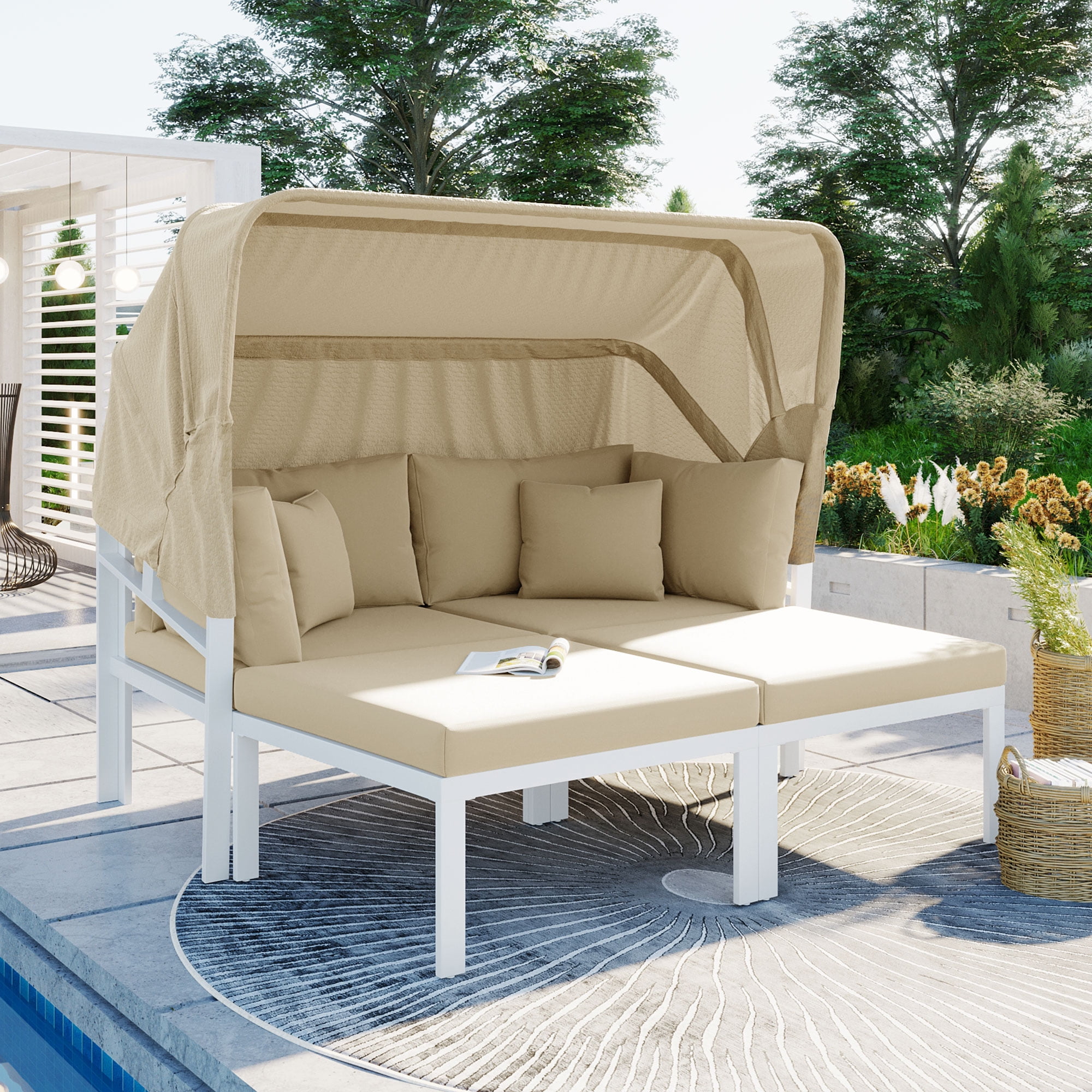 Euroco 3-Piece Patio Daybed with Retractable Canopy Outdoor Metal ...