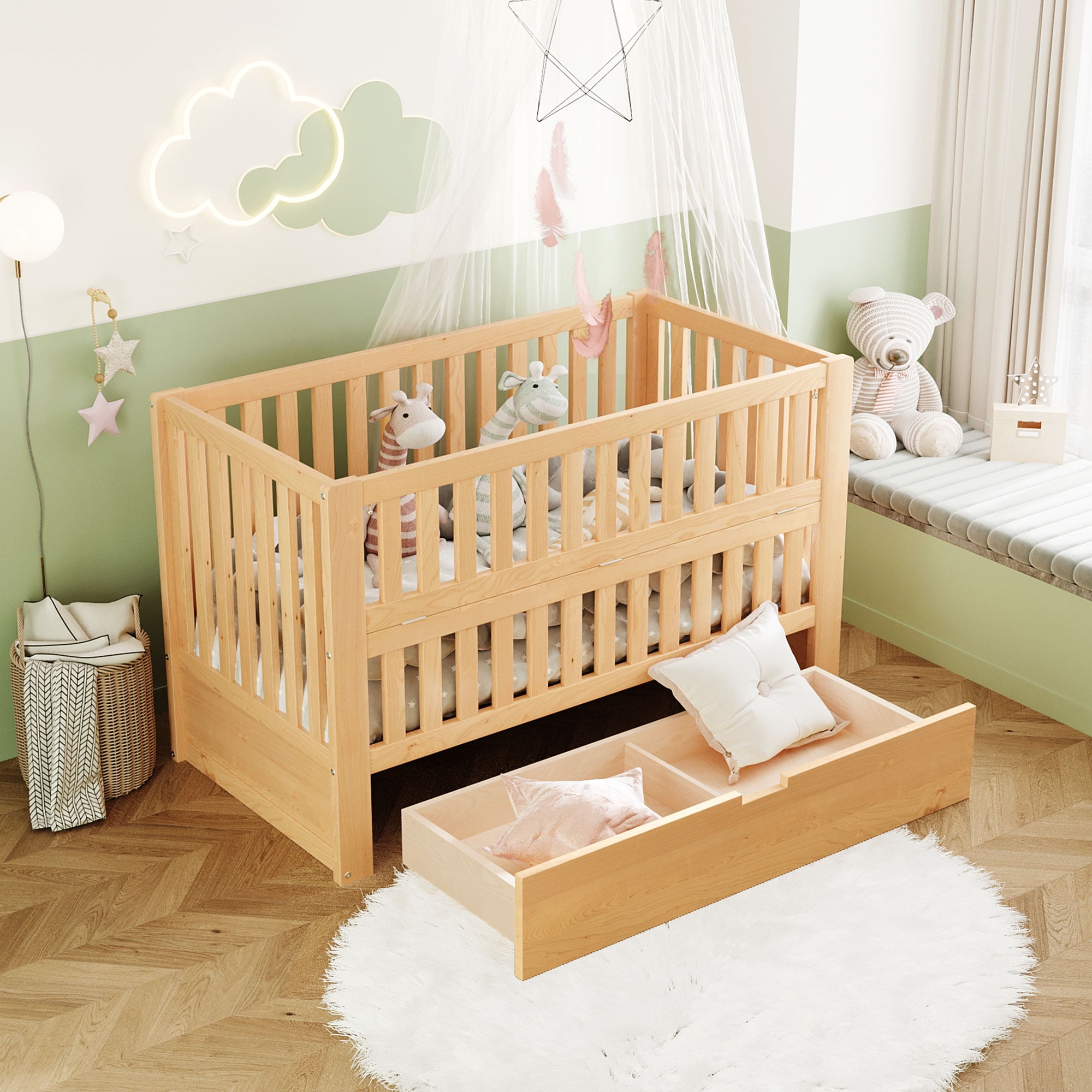 Euroco 3-in-1 Convertible Crib, Baby Crib with Drawers, Wood and Metal ...